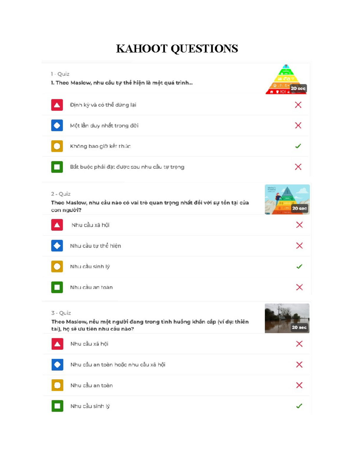 Kahoot Quiz Questions - Thuyết Maslow và McClelland - Studocu