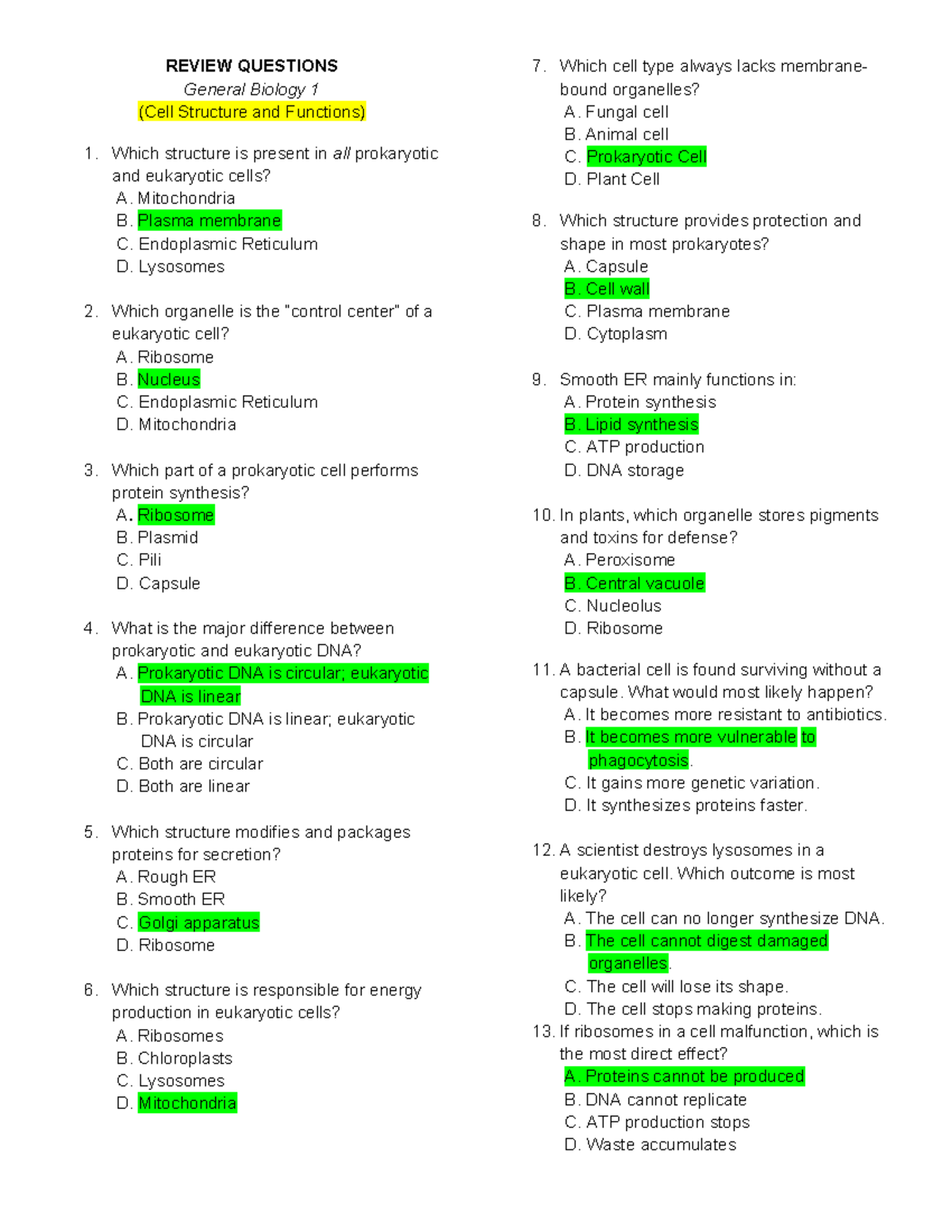 REVIEW QUESTIONS General Biology 1: Cell Structure & Function - Studocu