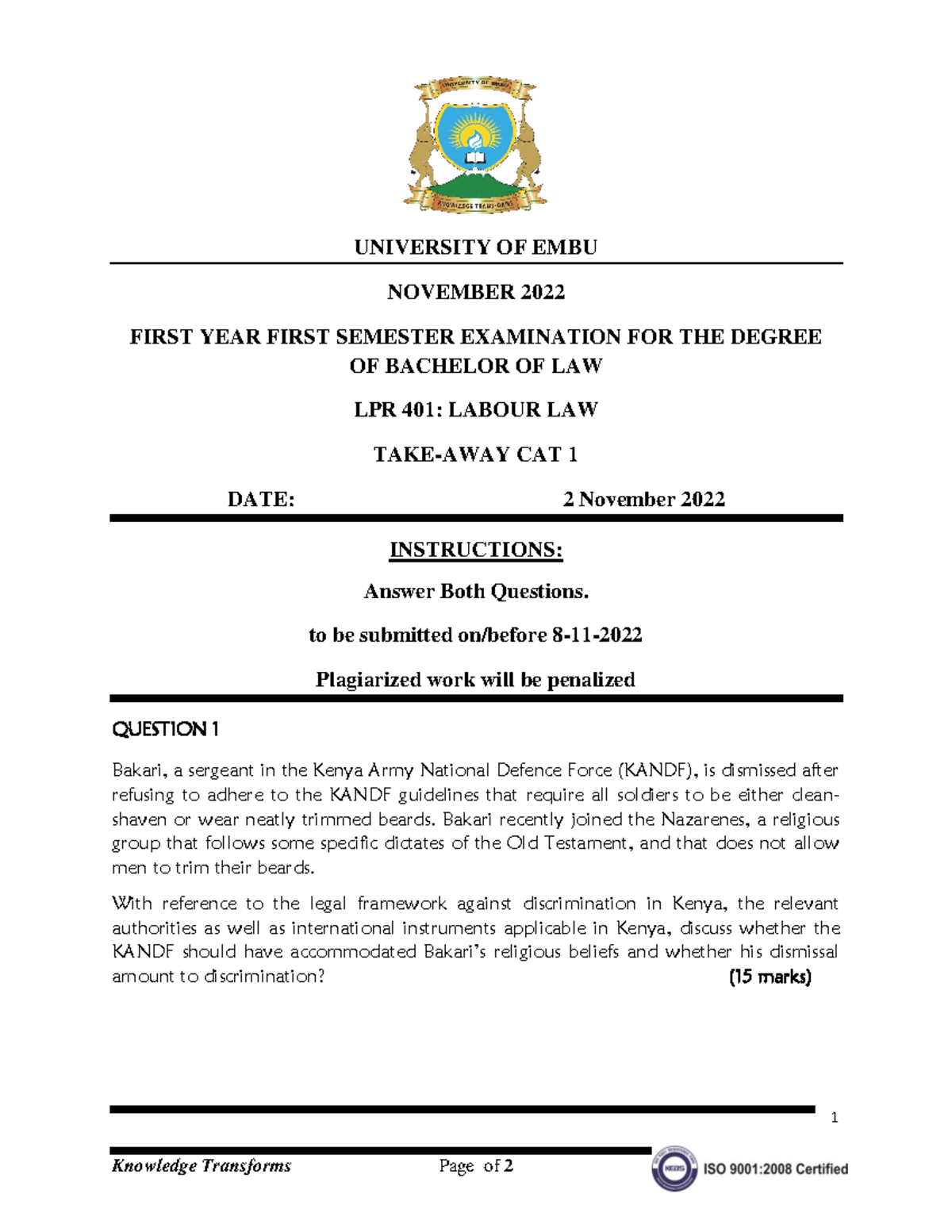 LPR 401: Labour Law CAT 1 - Exam Question on Discrimination Issues ...