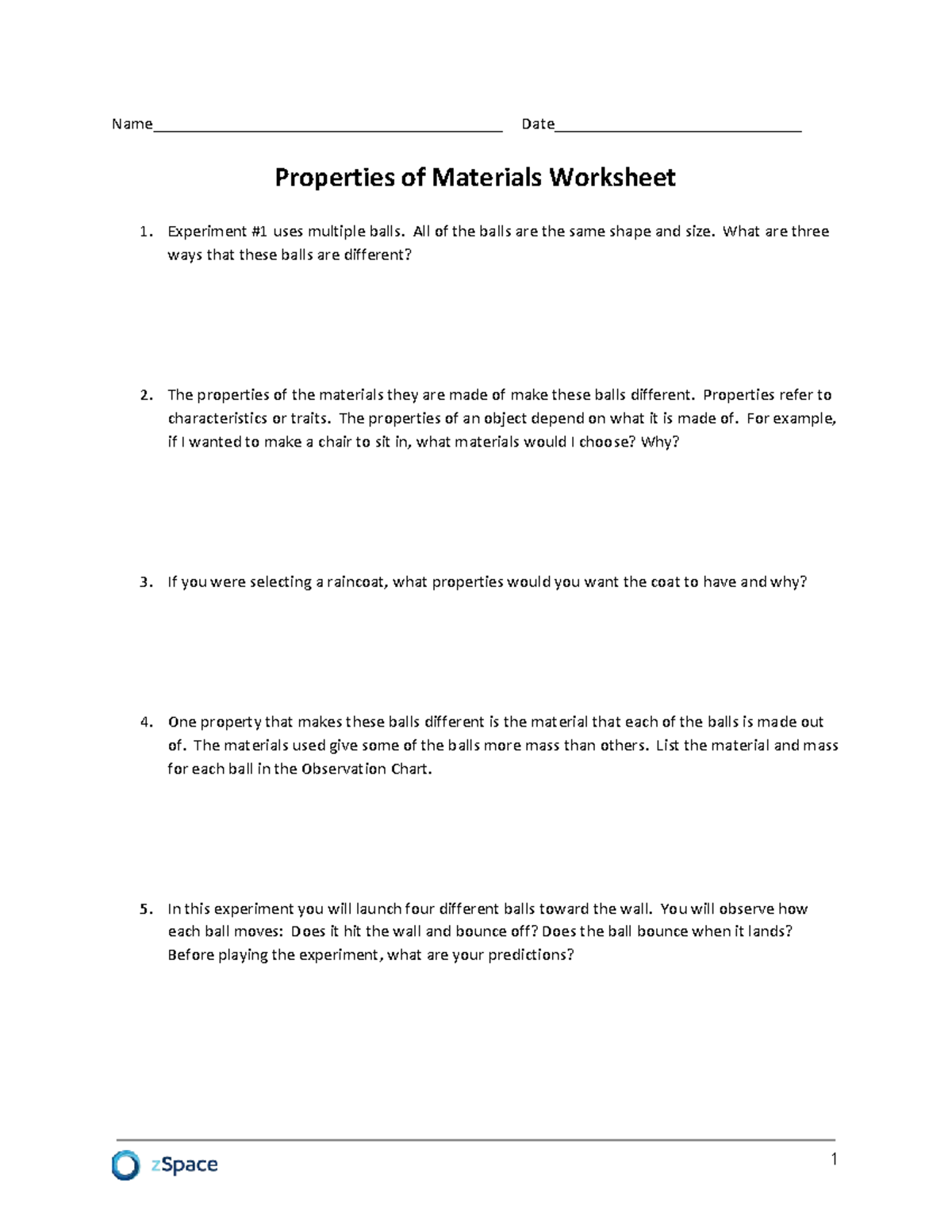 Properties of Materials Worksheet: Experimenting with Balls and Blocks ...