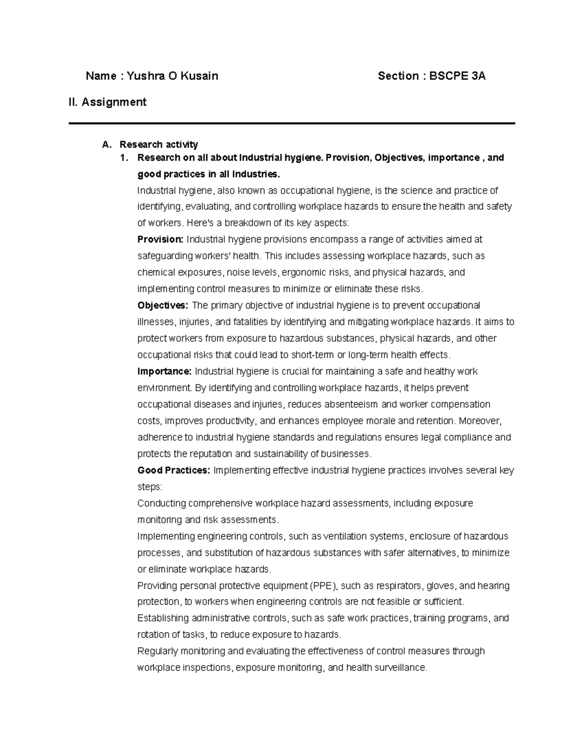 Assessment 2 - Industrial Hygiene Research Overview (BSCPE 3A) - Studocu