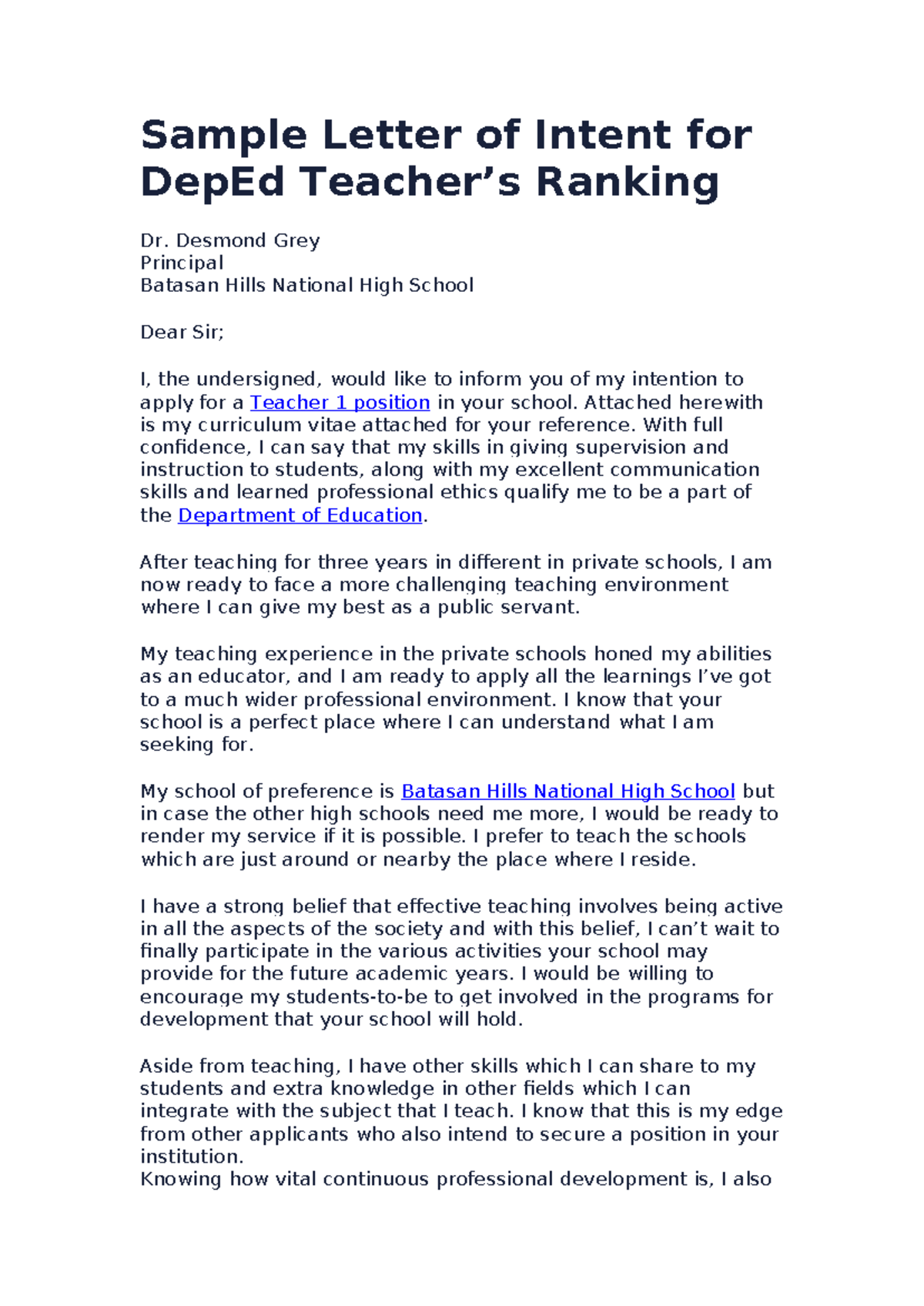 Sample Letter of Intent for DepEd Teacher 1 Position - Studocu