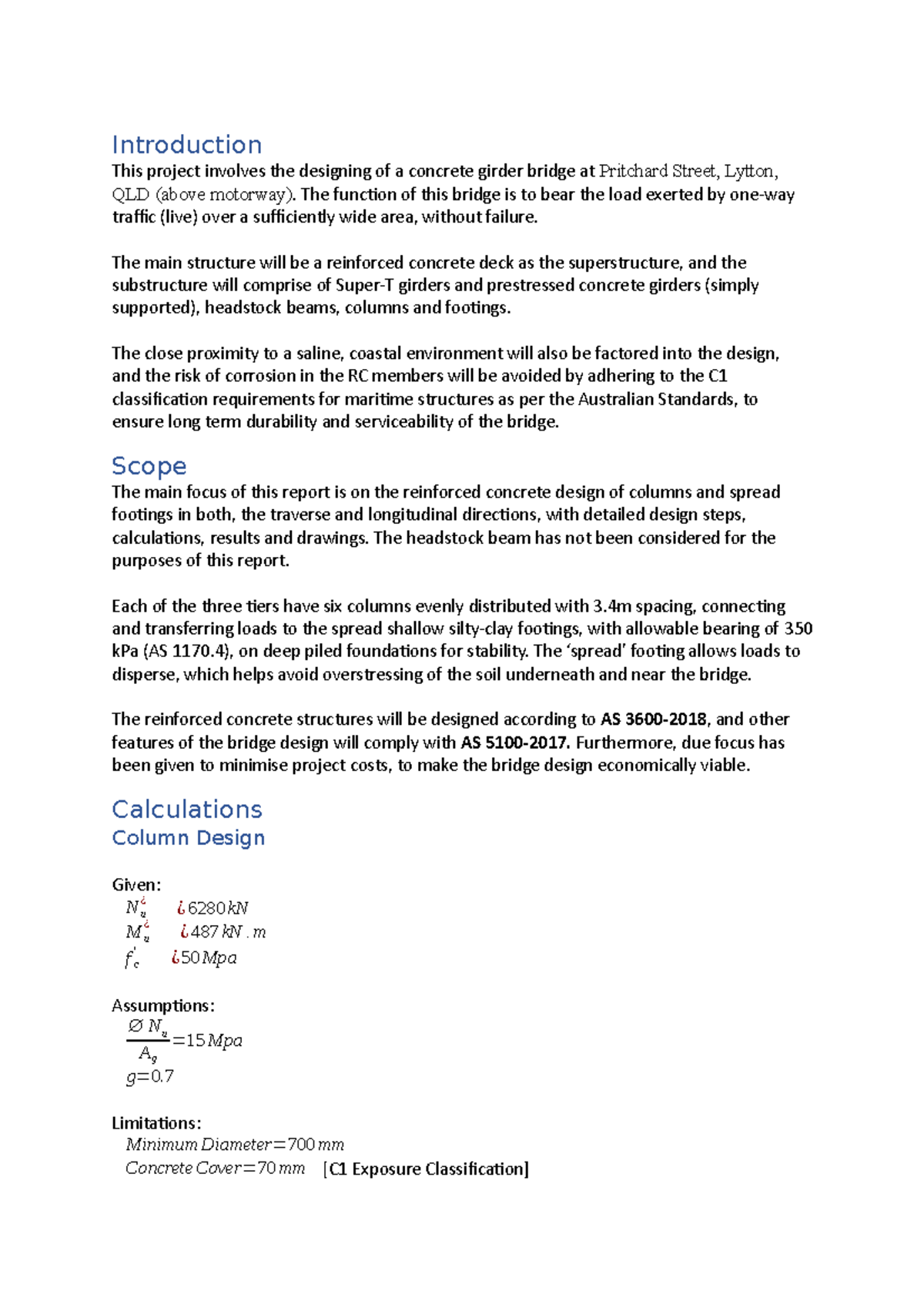 Bridge Project - Intro:Scope:Column Design - Introduction This project ...