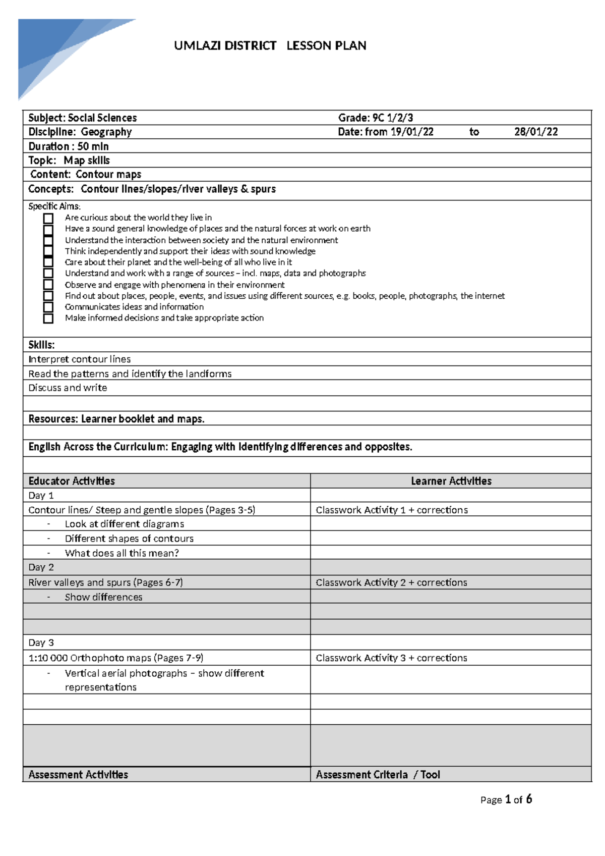 UMLAZI DISTRICT GRADE 9C GEOGRAPHY LESSON PLAN: MAP SKILLS - Studocu