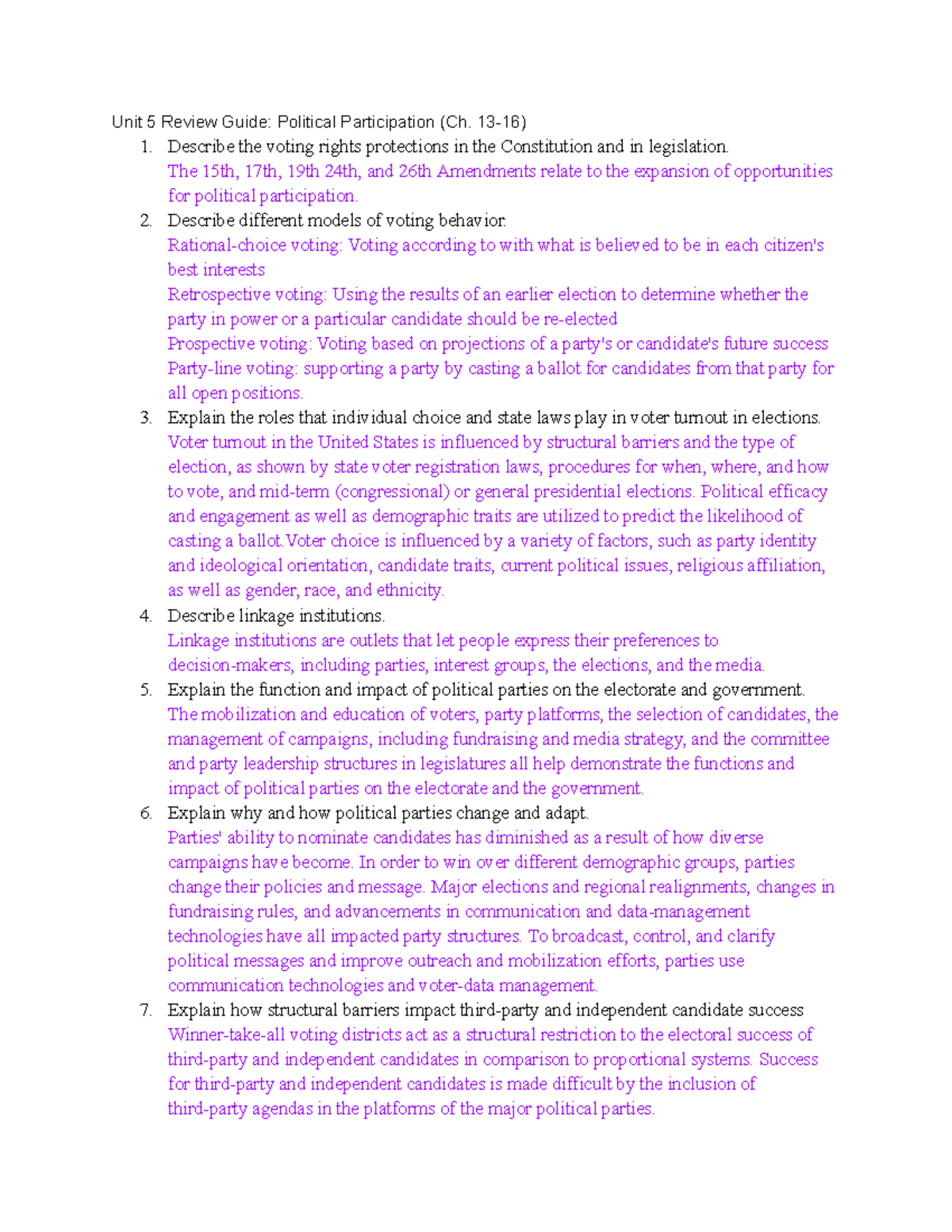 Unit 5 Review Guide Political Participation - 13-16) 1. Describe the ...