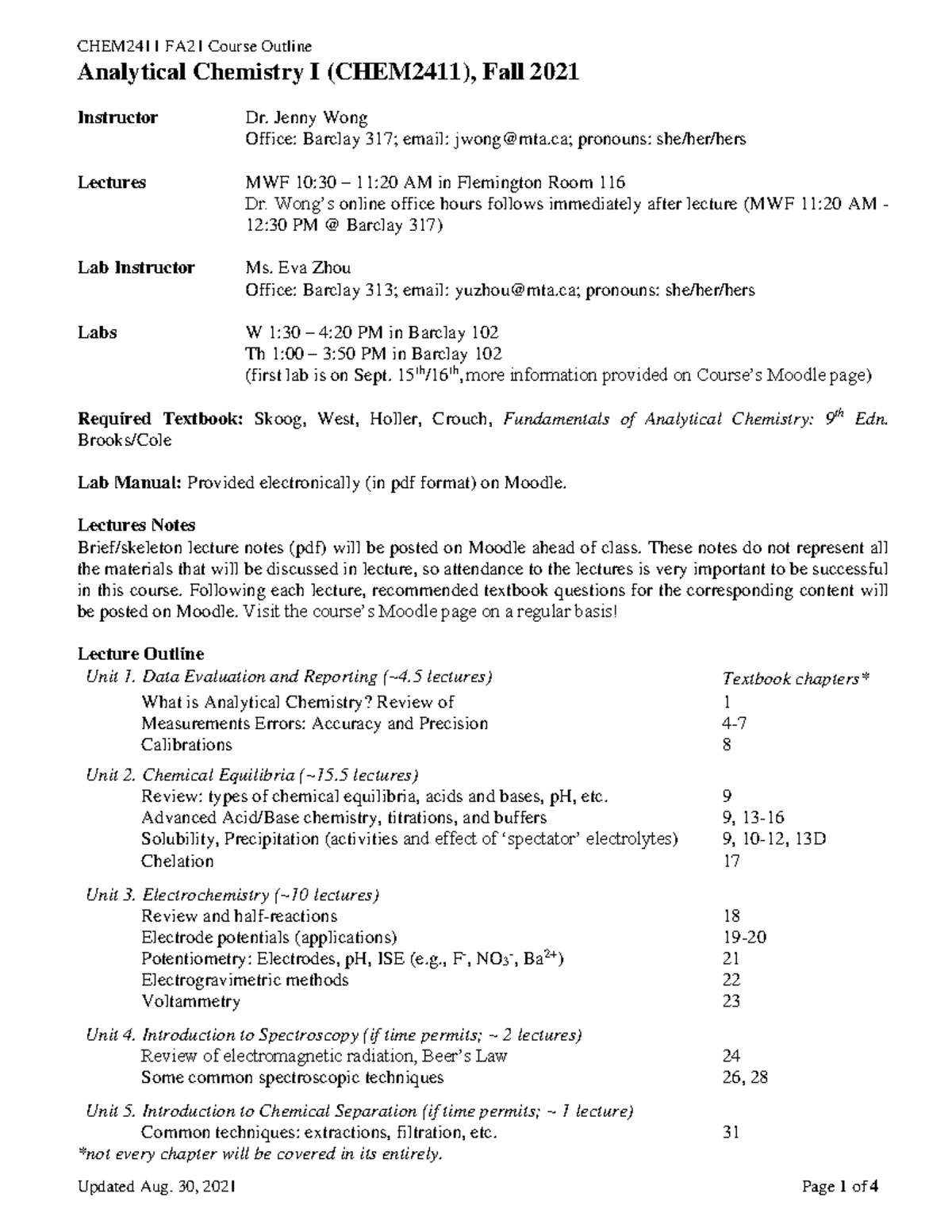 CHEM2411 FA21 Analytical Chemistry I Course Outline and Schedule - Studocu