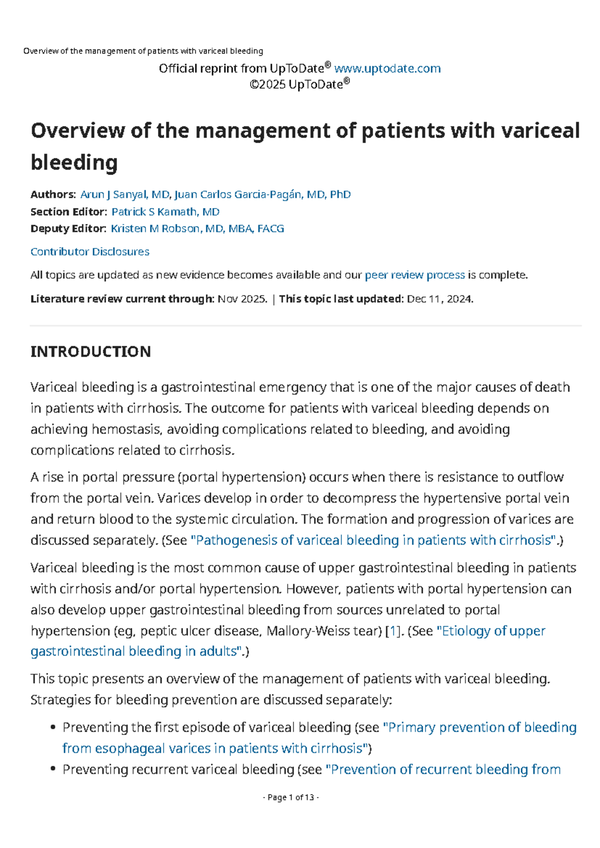 Management of Variceal Bleeding in Cirrhosis: Overview and Guidelines ...