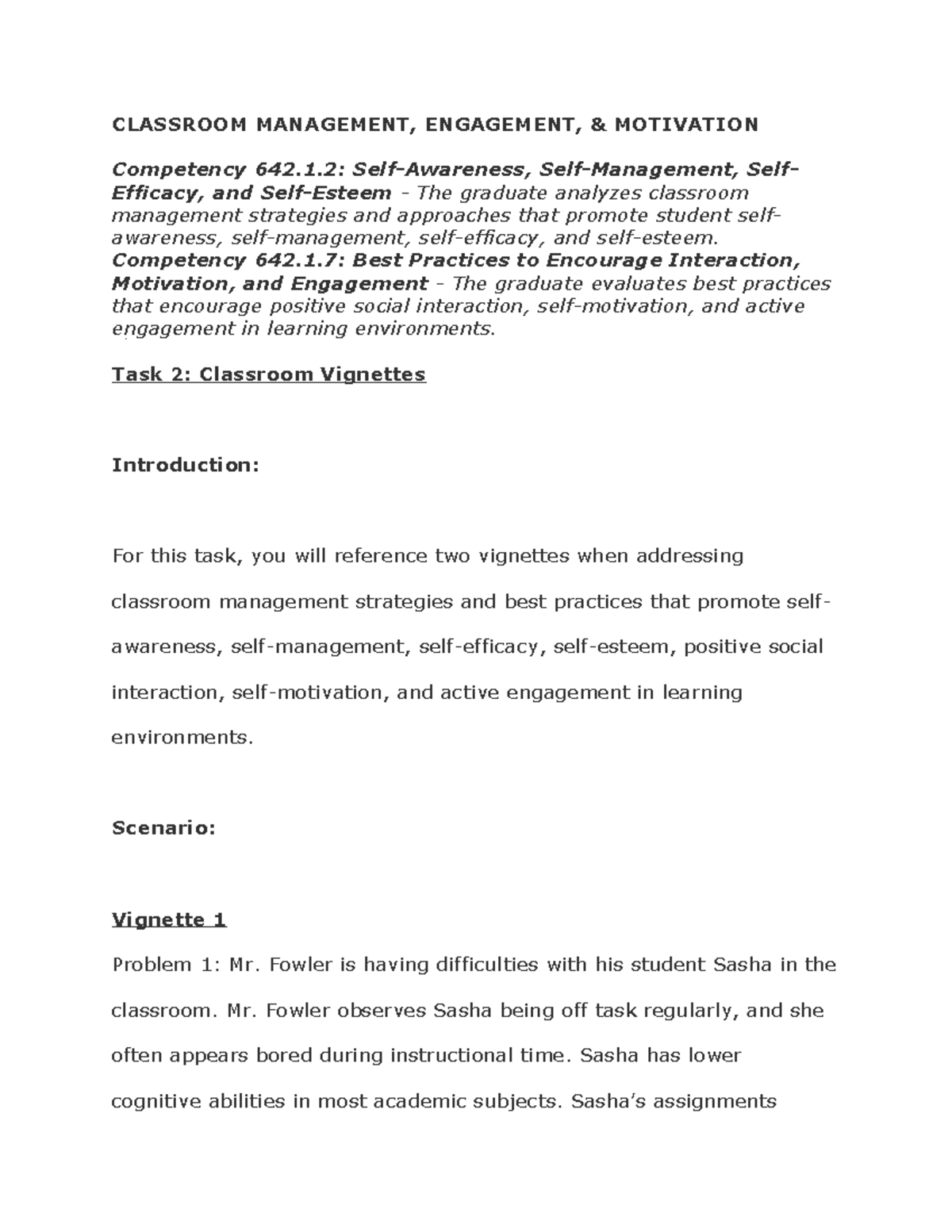 Task 2 - Classroom Vignettes on Management, Engagement & Motivation ...