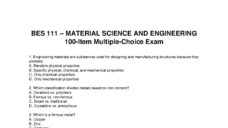 BES MATERIAL SCIENCE AND ENGINEERING Exam 1 MCQs - Studocu
