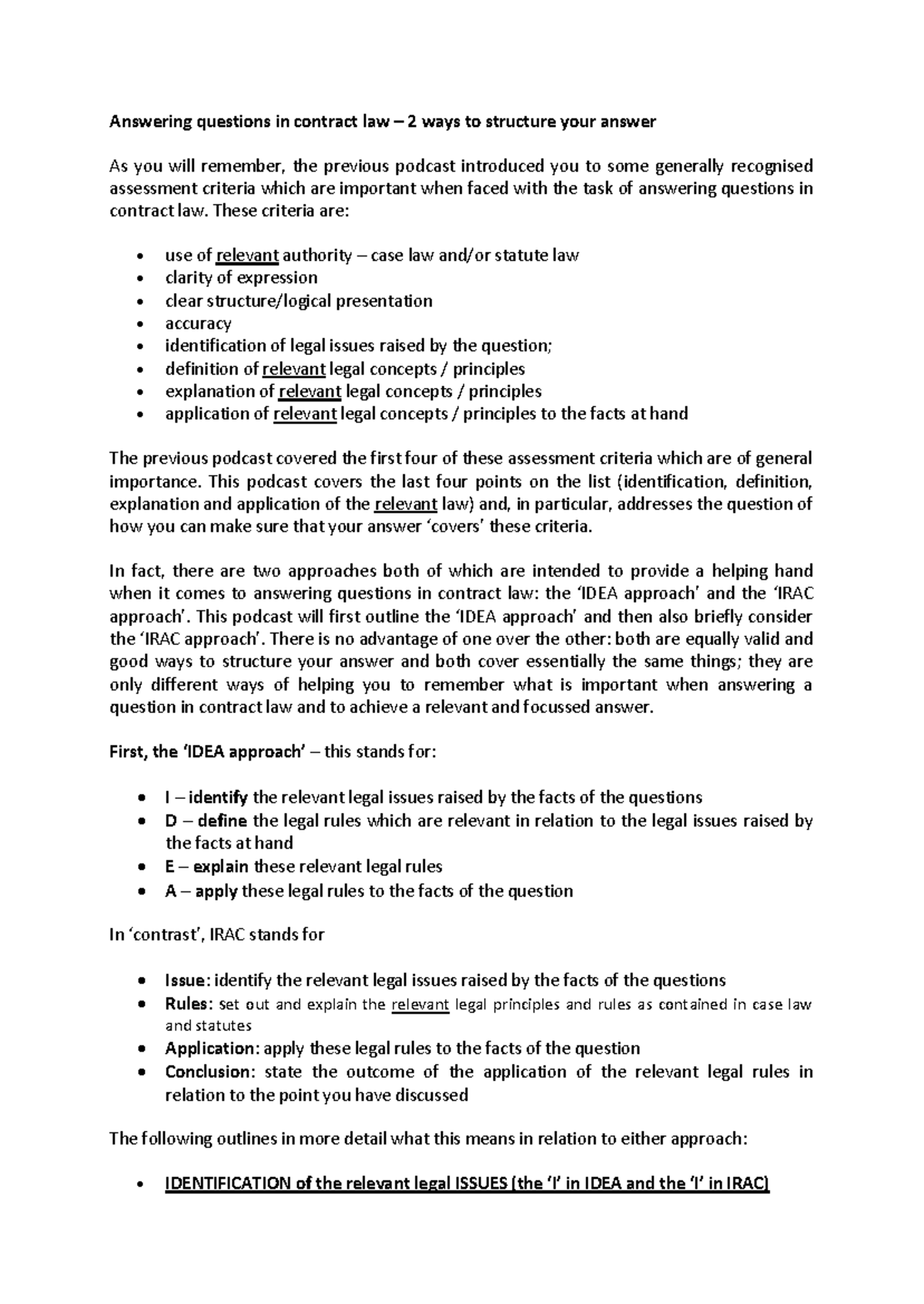 Contract Law Answer Structuring Methods: IDEA & IRAC Approaches - Studocu
