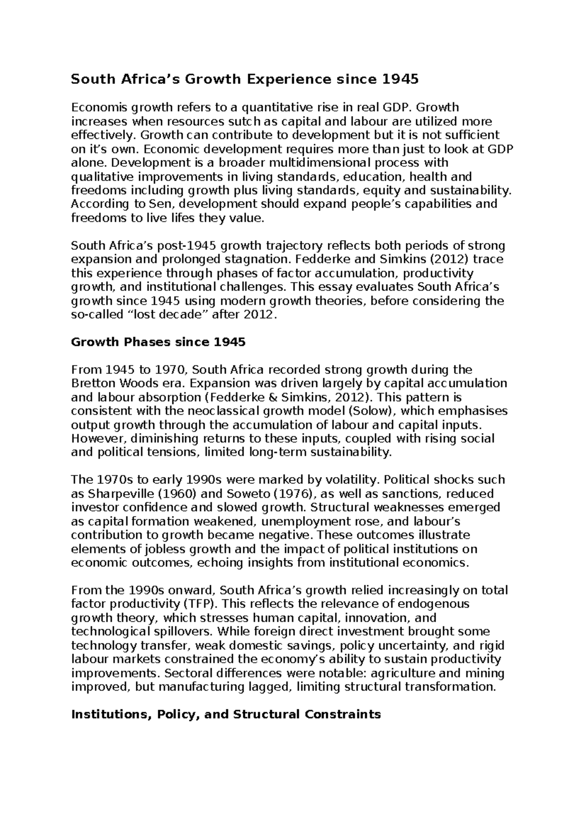 ECON 322 Essay on South Africa's Economic Growth Since 1945 - Studocu