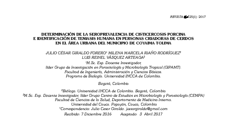 Determinación de la Seroprevalencia de Cisticercosis Porcina y Teniasis ...