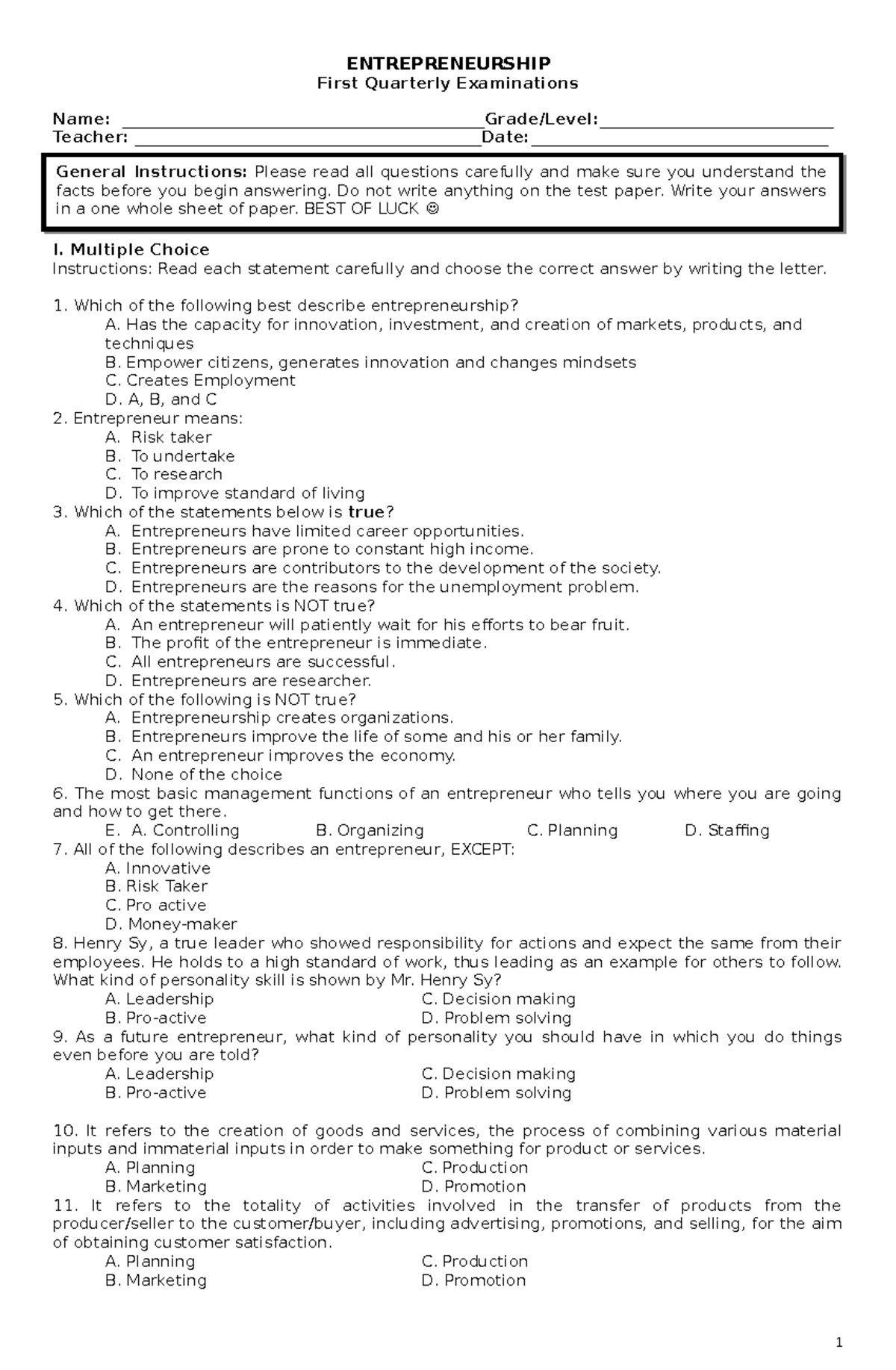 ENT-101 Final Exam: Entrepreneurship Concepts & Practices - Studocu