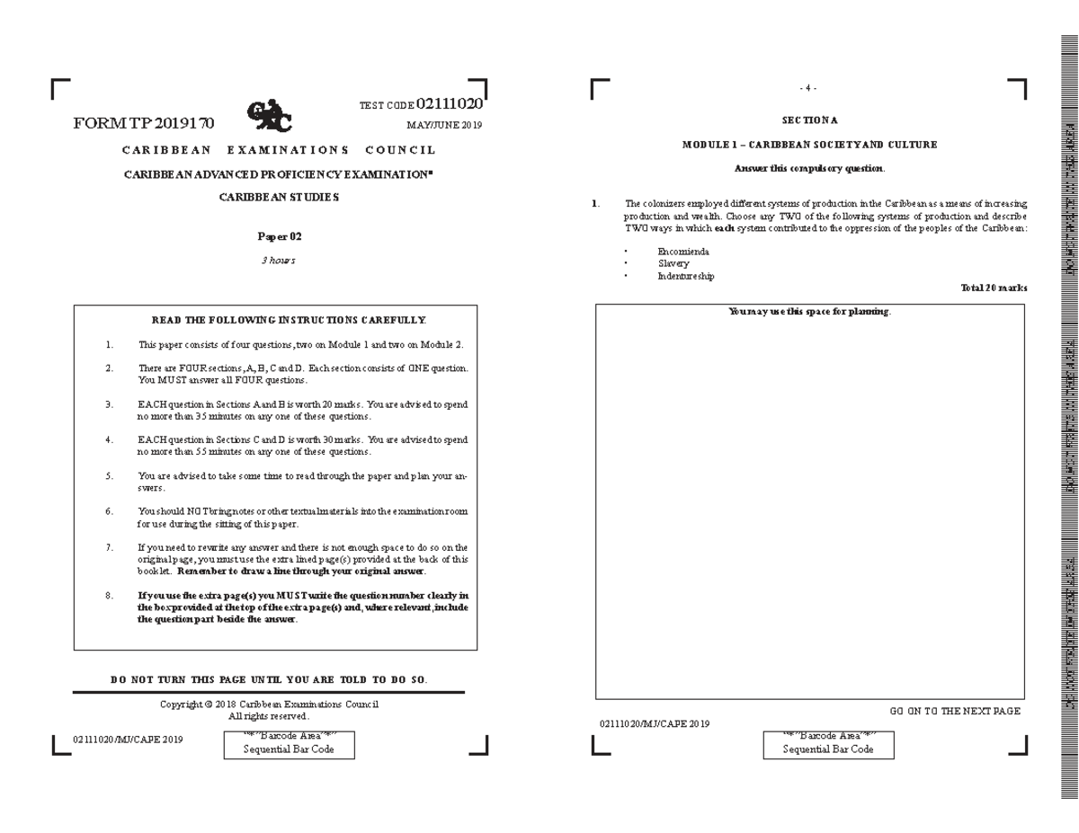 CARIBBEAN STUDIES CAPE P2 2019 EXAMINATION PAPER - MODULE 1 & 2 - Studocu