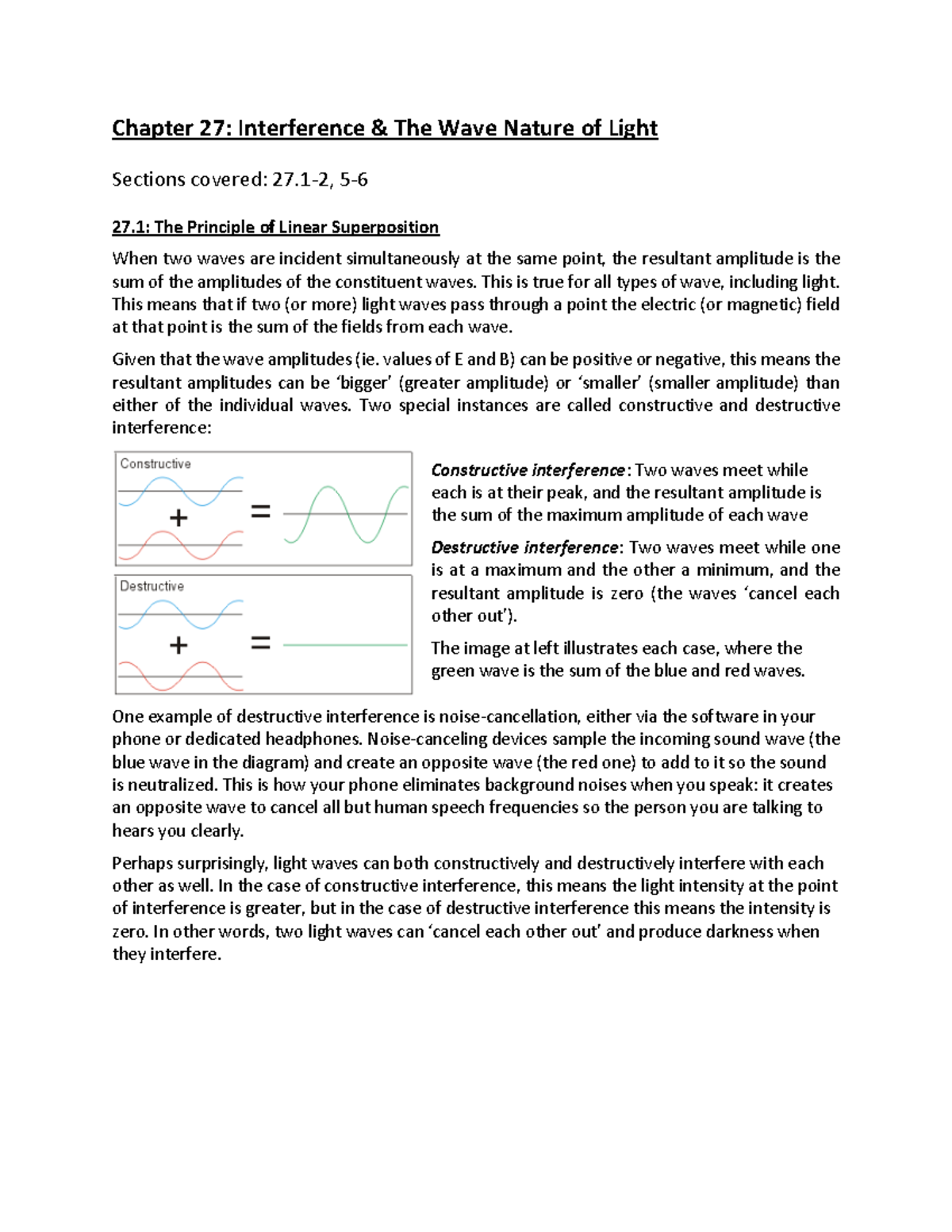Chapter 27 Summary - Chapter 27: Interference & The Wave Nature of ...