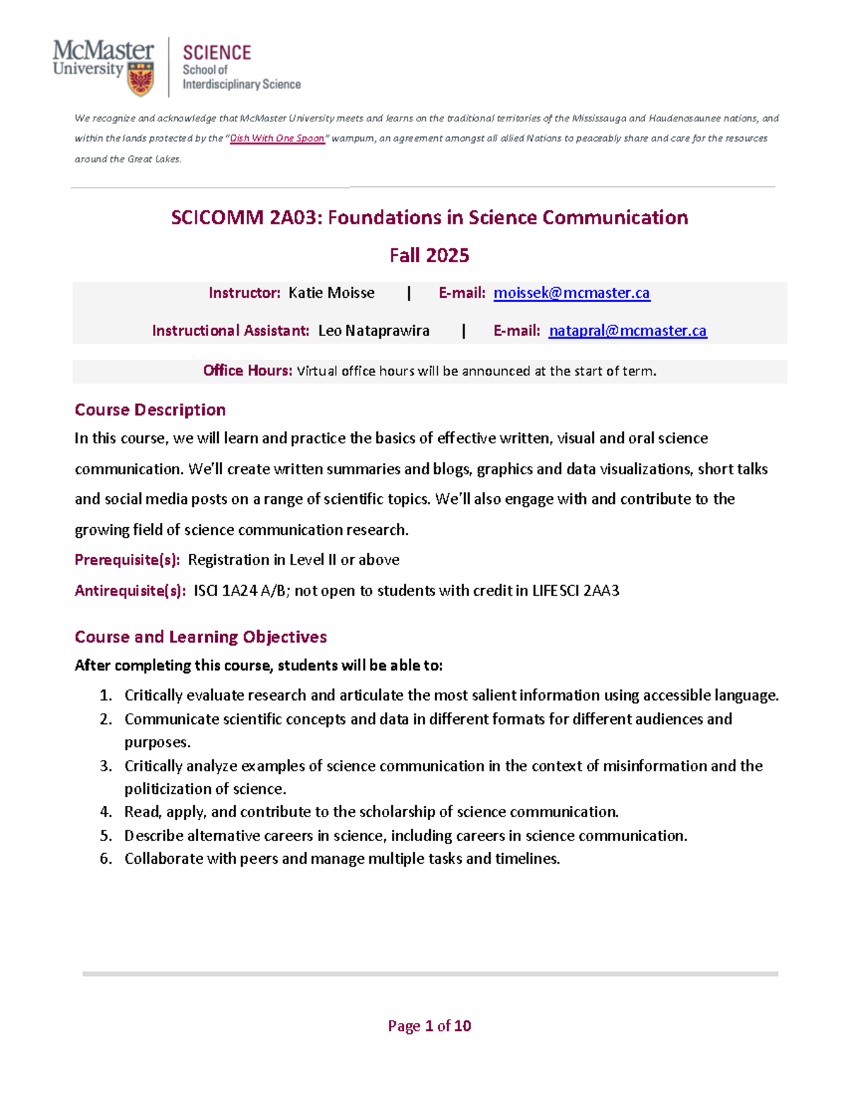 SCICOMM 2A03: Foundations in Science Communication Course Overview Fall ...