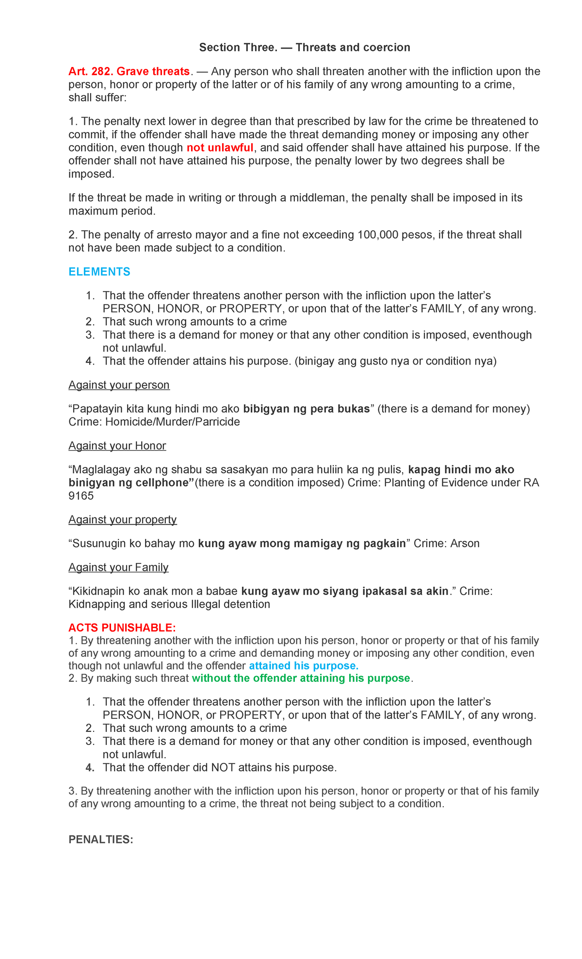 Article 282-289: Notes on Grave Threats and Coercions - Studocu