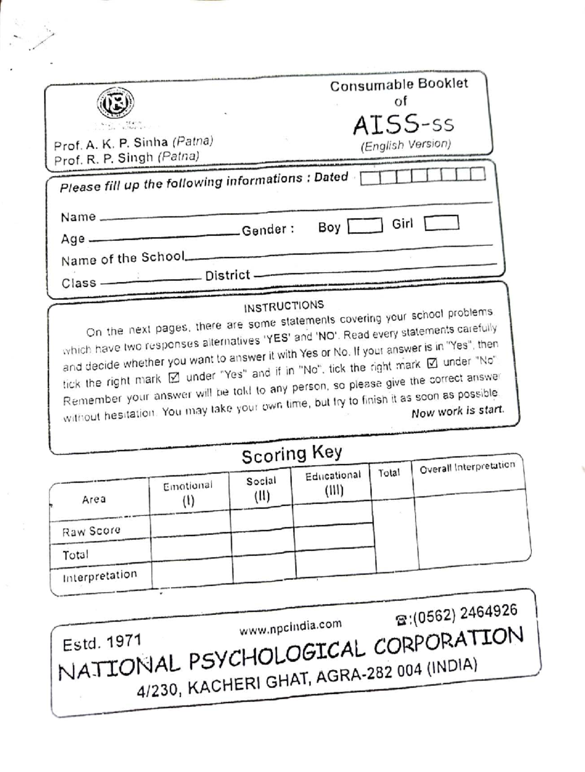 Consumable Booklet for Student Adjustment Inventory (Eng) AISS - Studocu