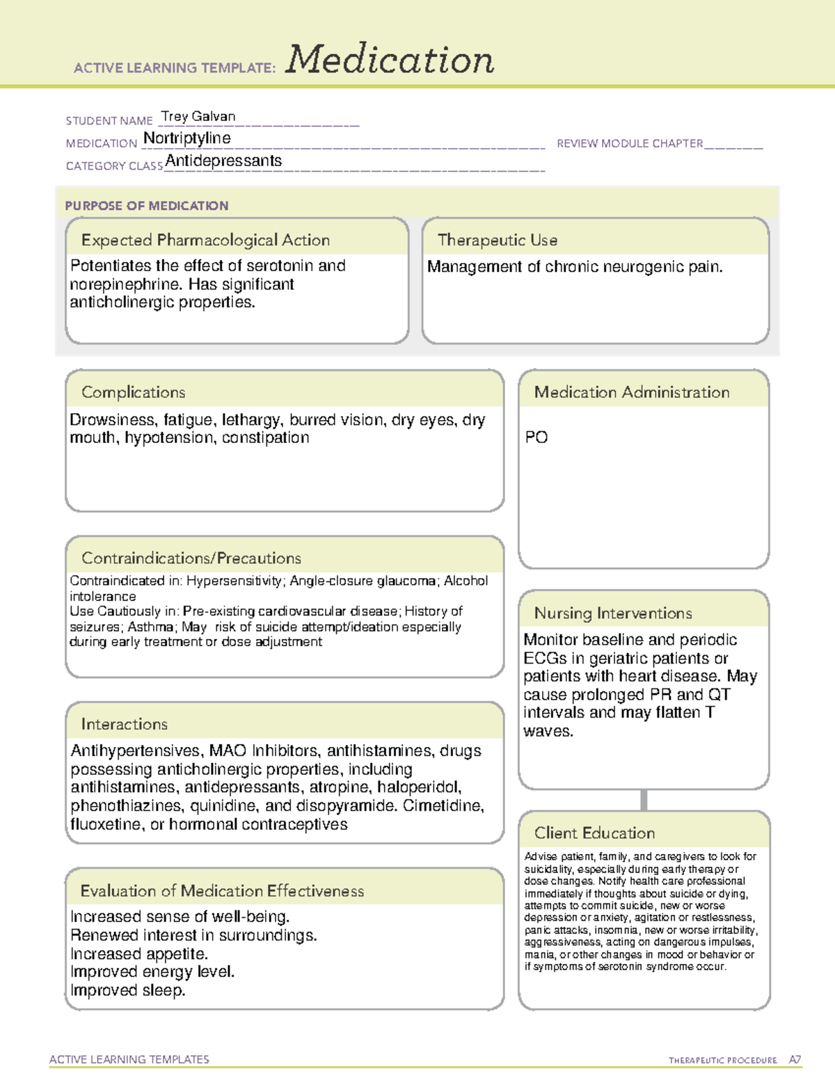 Nortriptyline (Antidepressant) - Active Learning Template Guide - Studocu