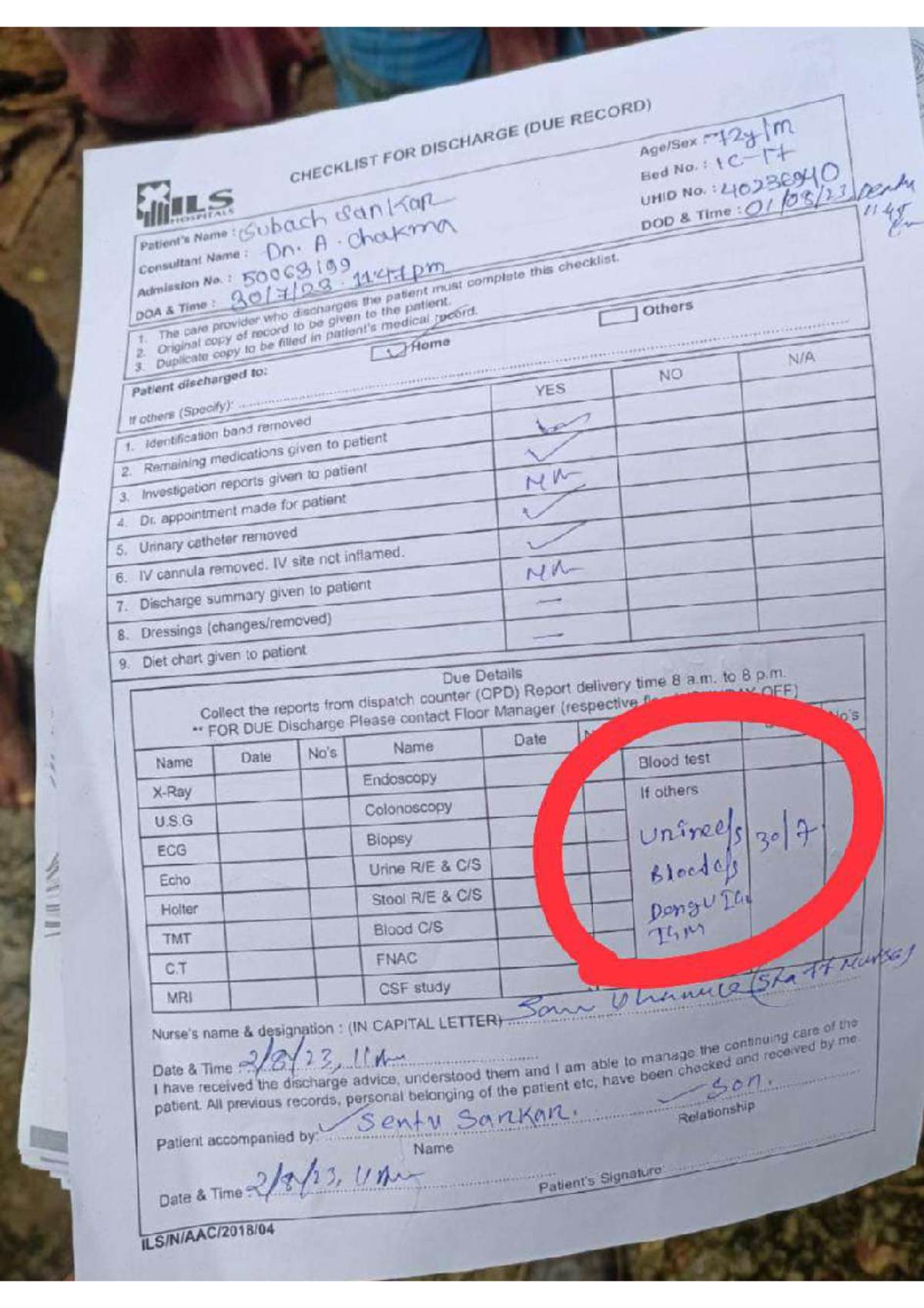 SILS Discharge Checklist for Hospitals - Due Record - Studocu