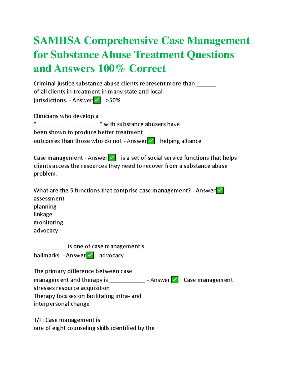 SAMHSA Case Management for Substance Abuse Treatment Q&A - Studocu