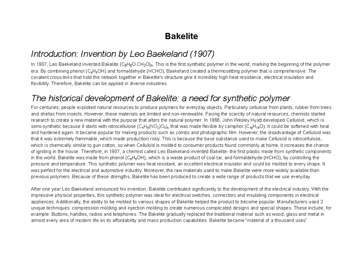 Final Report on Bakelite: The First Synthetic Polymer (CHEM 101) - Studocu