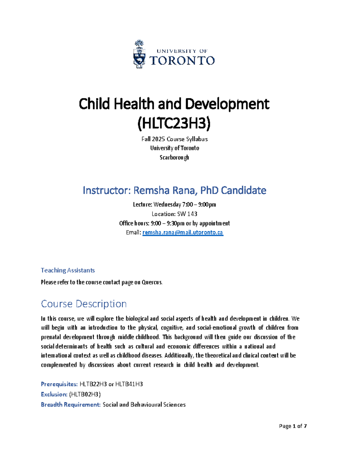 HLTC23H3 Child Health and Development Course Syllabus - Fall 2025 - Studocu