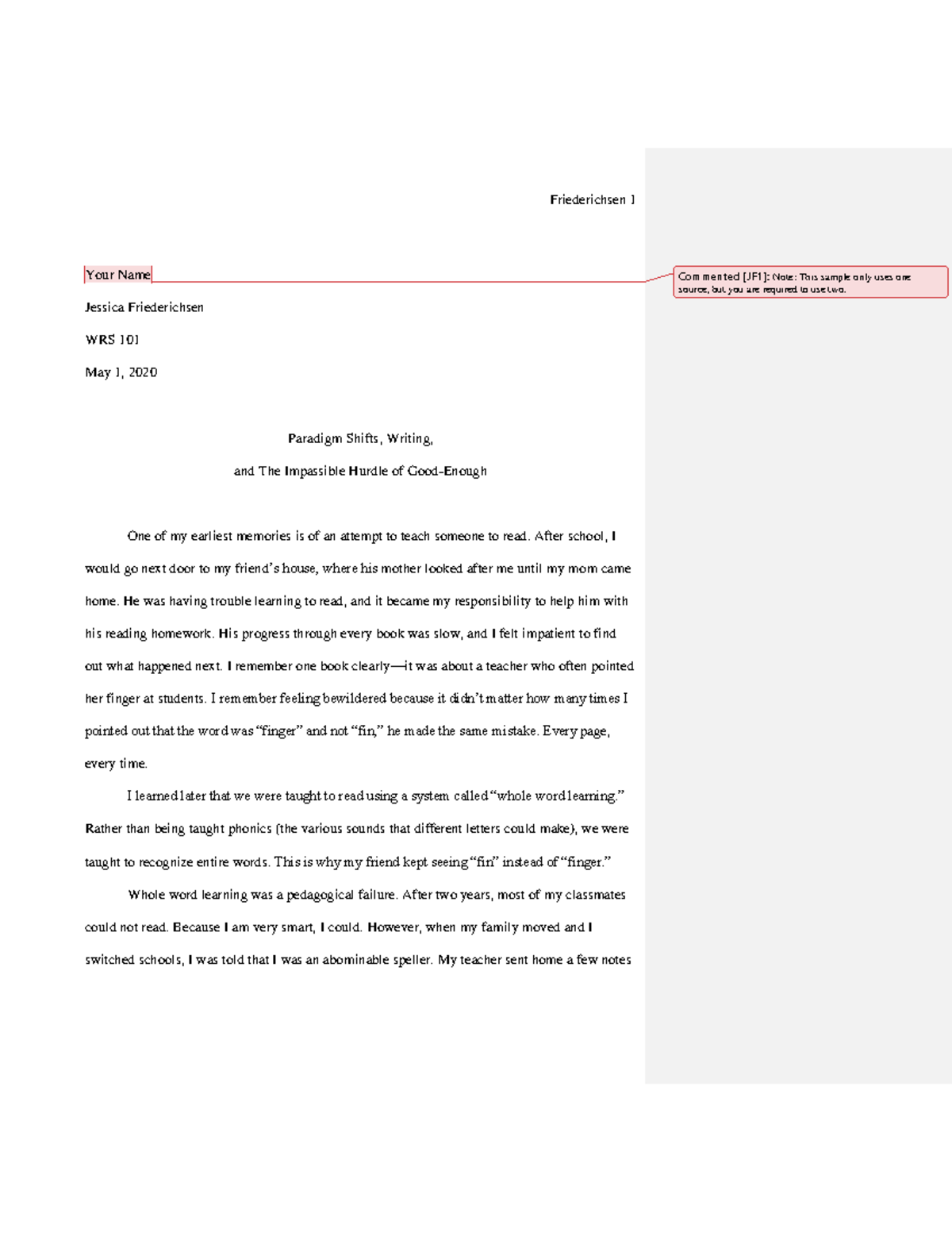WRS 101 Narrative paper sample: Paradigm shifts in writing education ...
