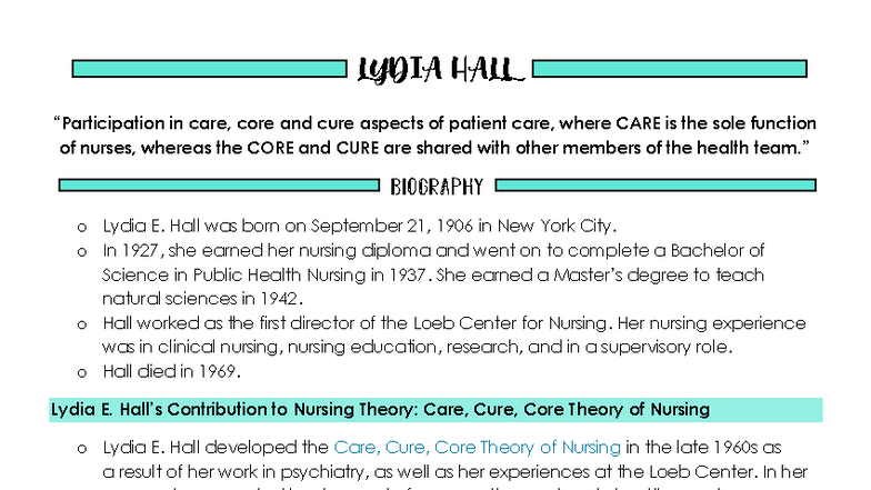 LYDIA HALL: Care, Core, Cure Theory in Nursing (NURS 101) - Studocu