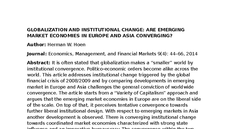 Globalization and Institutional Change: Convergence in EMEs (ECO 2014 ...