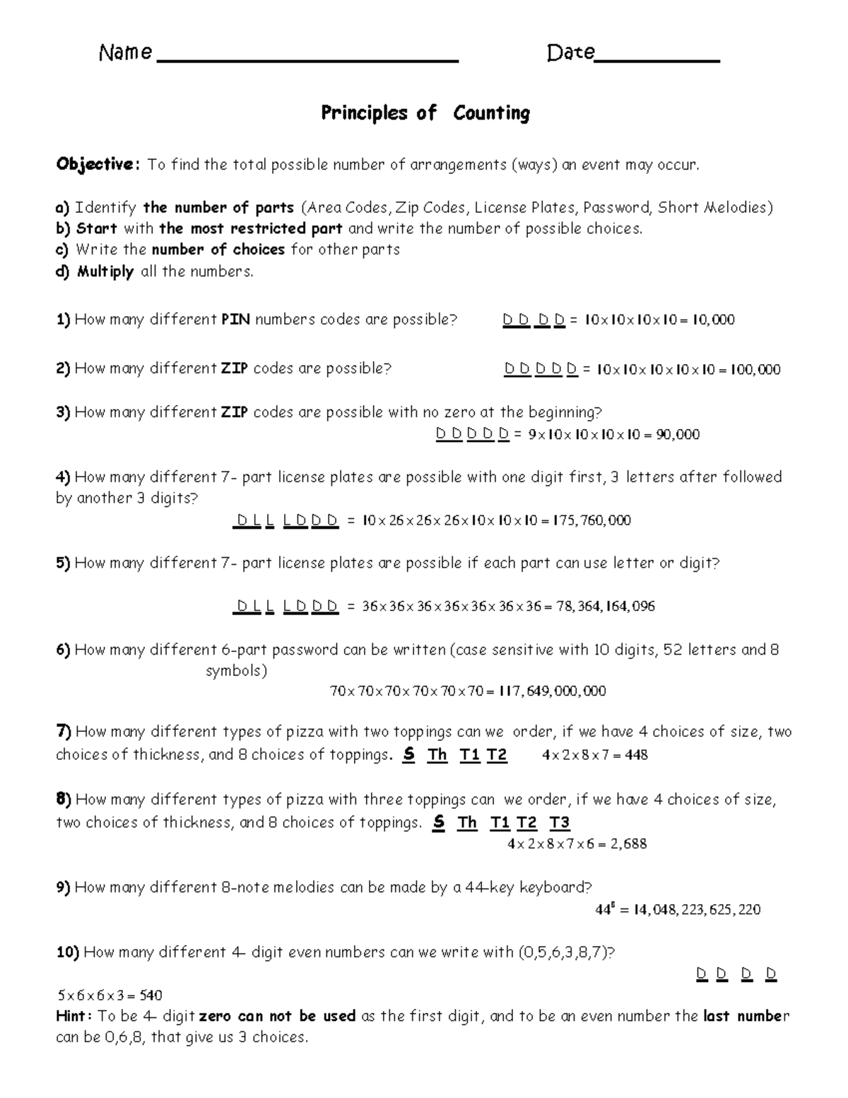 Counting Principles and Permutations Practice Sheets - WS Code: CP101 ...