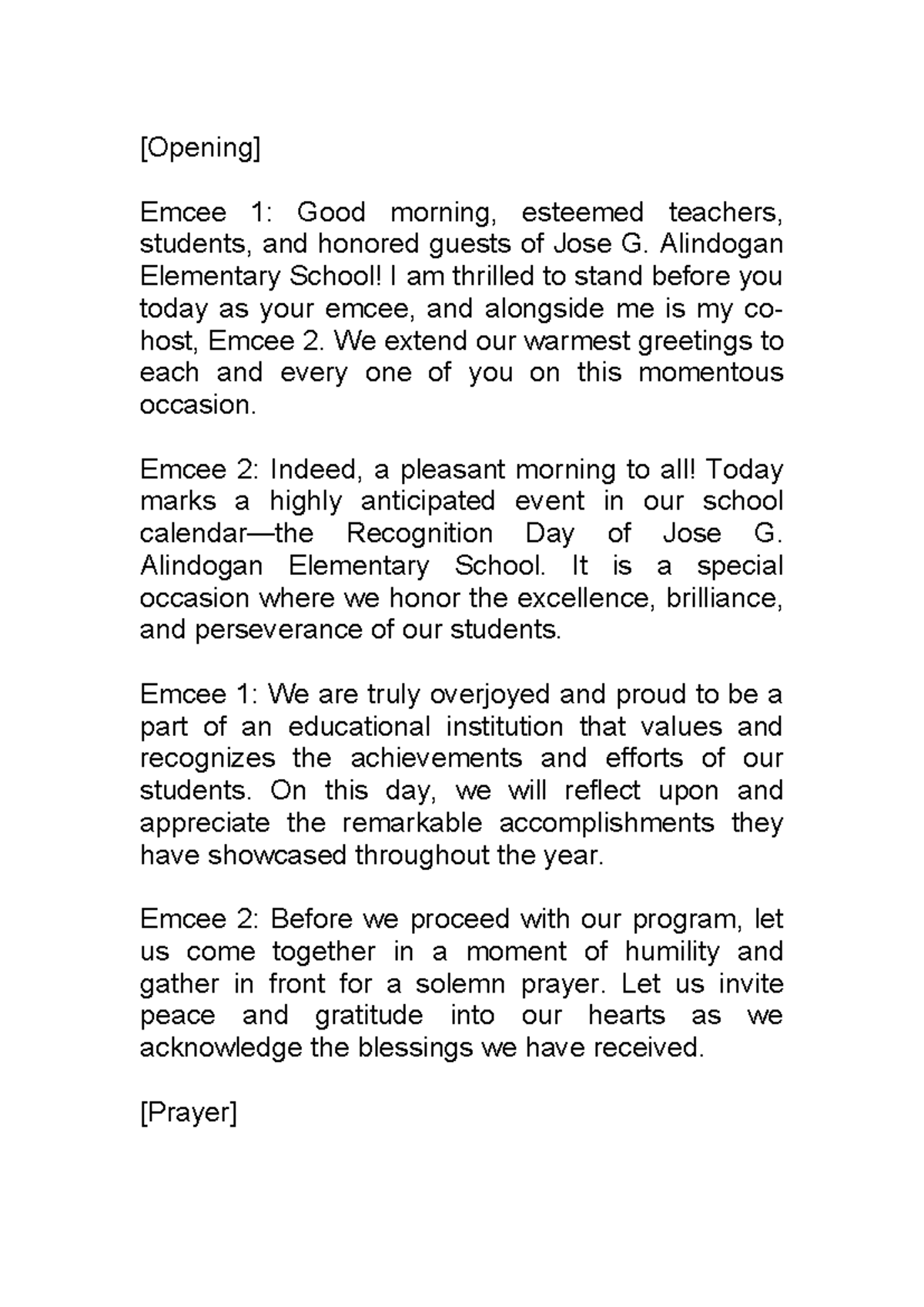 ELEM Recognition Day Emcee Script - Jose G. Alindogan School - Studocu