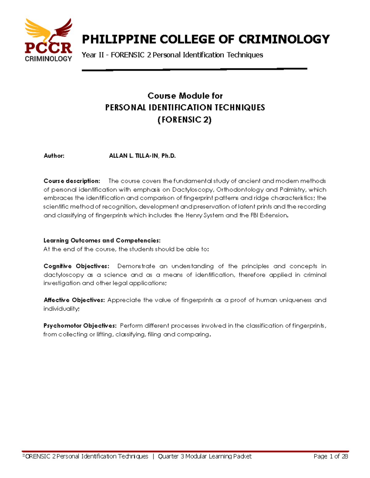 FOR2 Personal Identification Techniques: Semi-Final Exam Review Guide ...