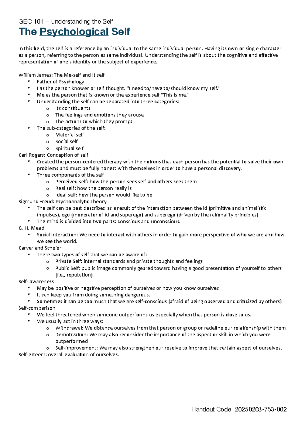 GEC 101 Understanding the Self: Key Concepts and Theories - Studocu