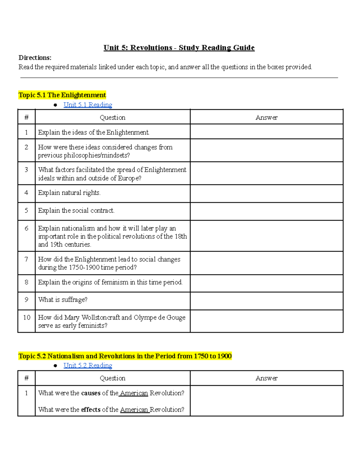 Unit 5 Revolutions & Industrialization - Study Reading Guide - Studocu