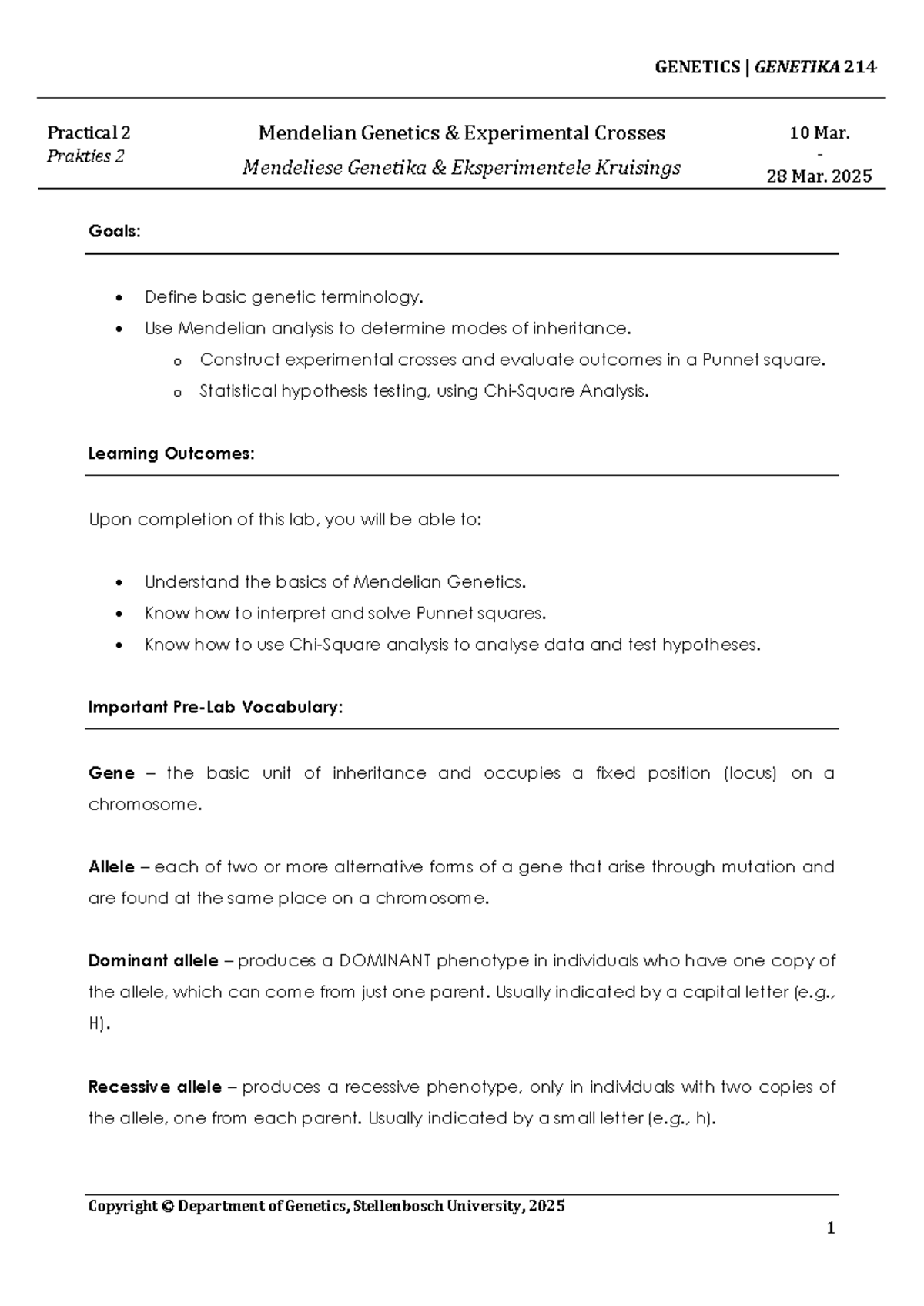 Laboratory Practical 2 - Mendelian Genetics Experimental Crosses(2025 ...