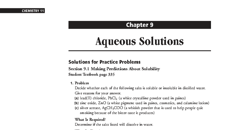 CHEMISTRY 11 Chapter 9 Aqueous Solutions Practice Problems Solutions - Studocu