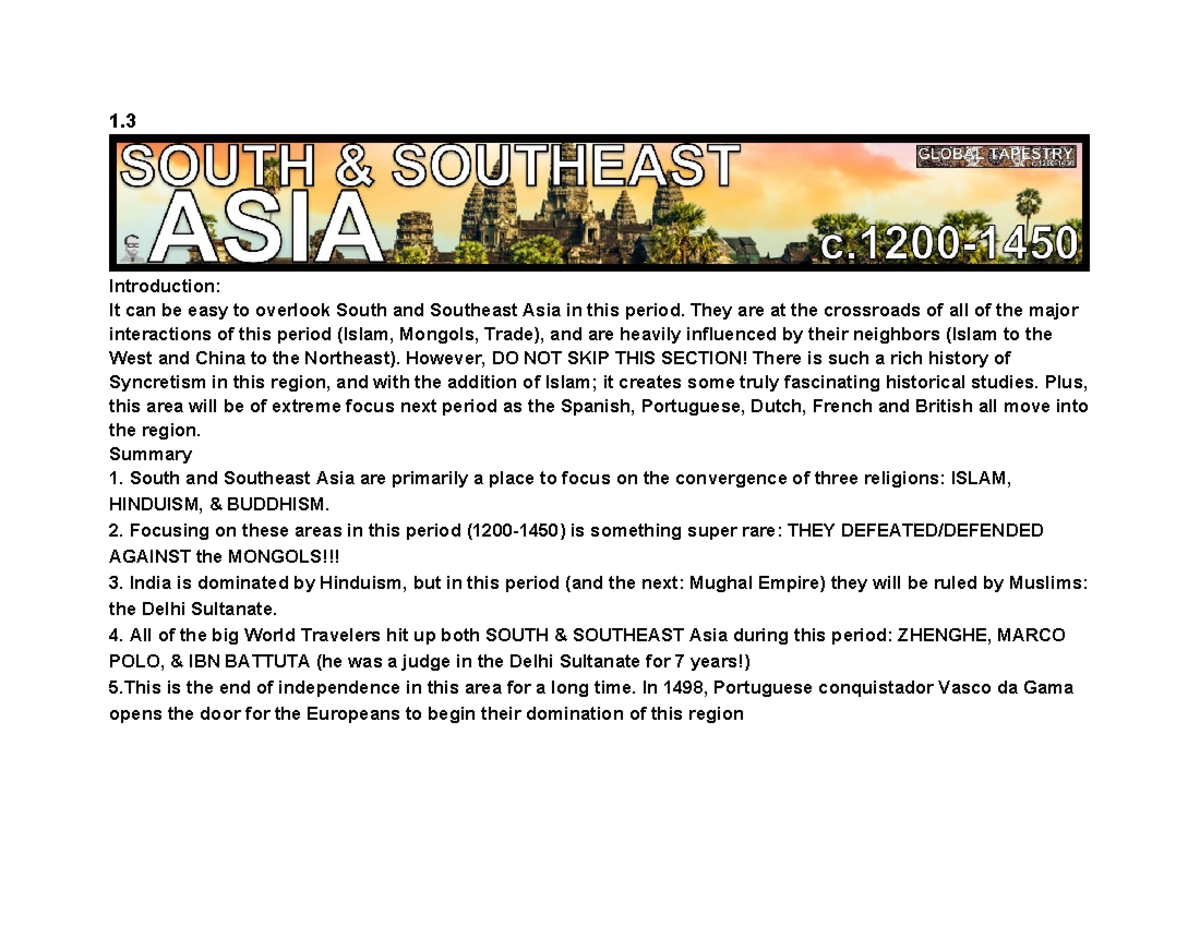 WH+1.3 Introduction to South and Southeast Asia: Historical ...