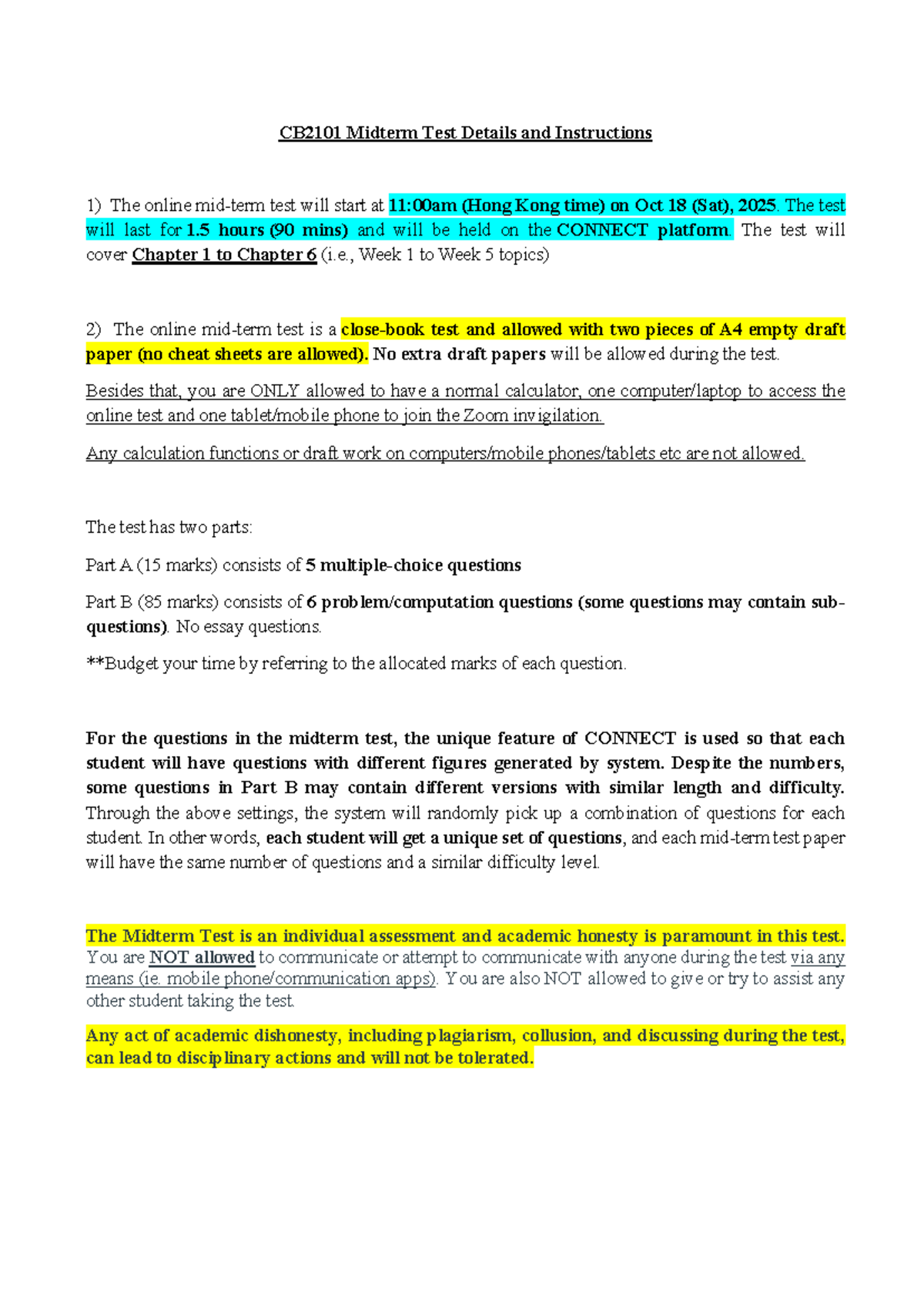 CB2101 Midterm Test Instructions and Guidelines - Studocu
