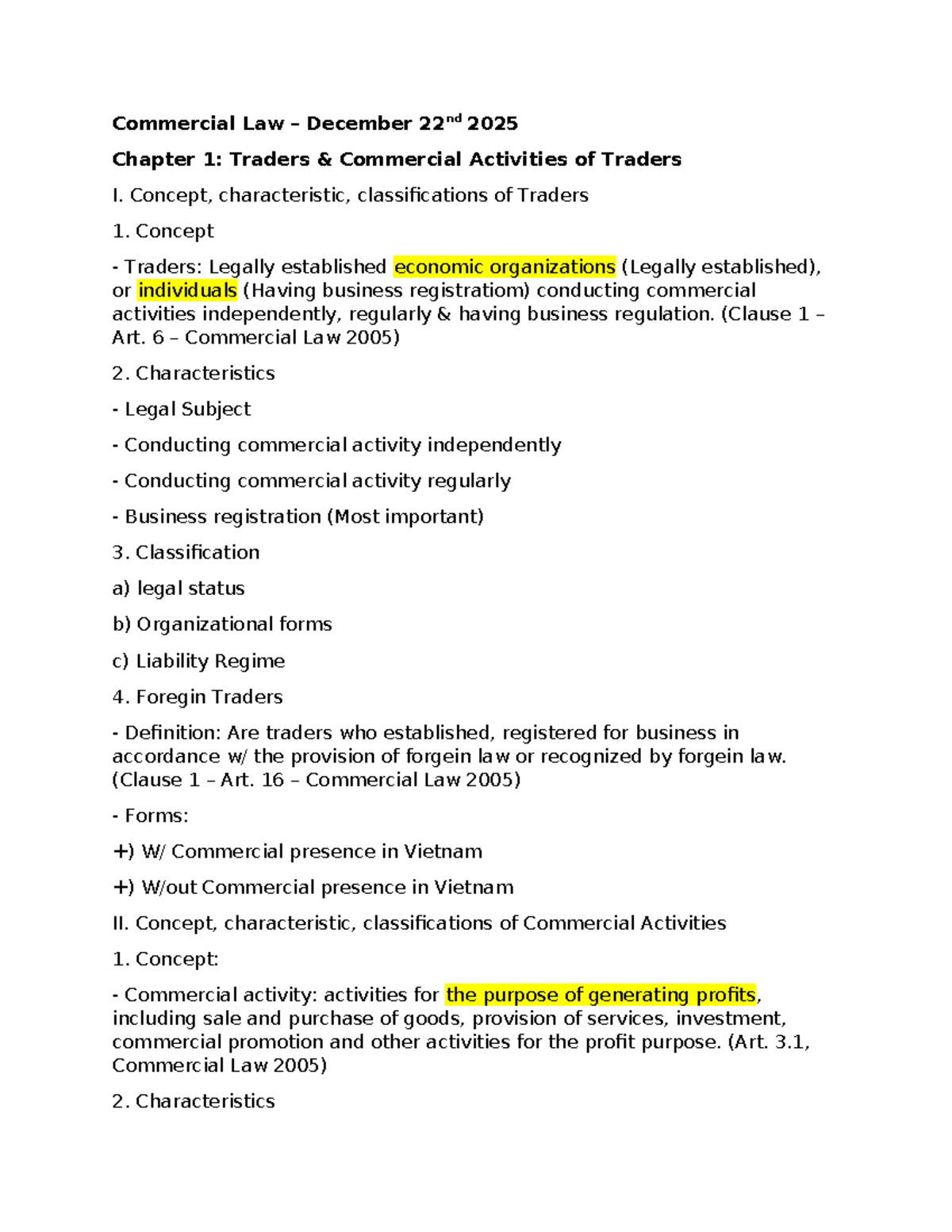 Commercial Law (CL 101) Chapter 1: Traders & Their Activities - Studocu