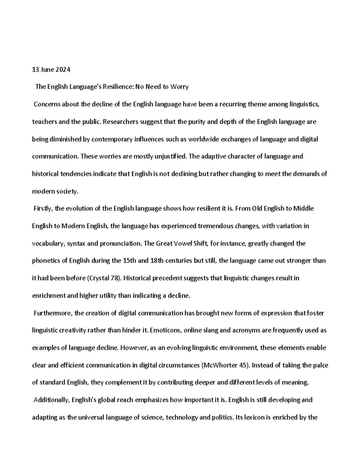English Task - 13 June 2024 The English Language's Resilience: No Need ...