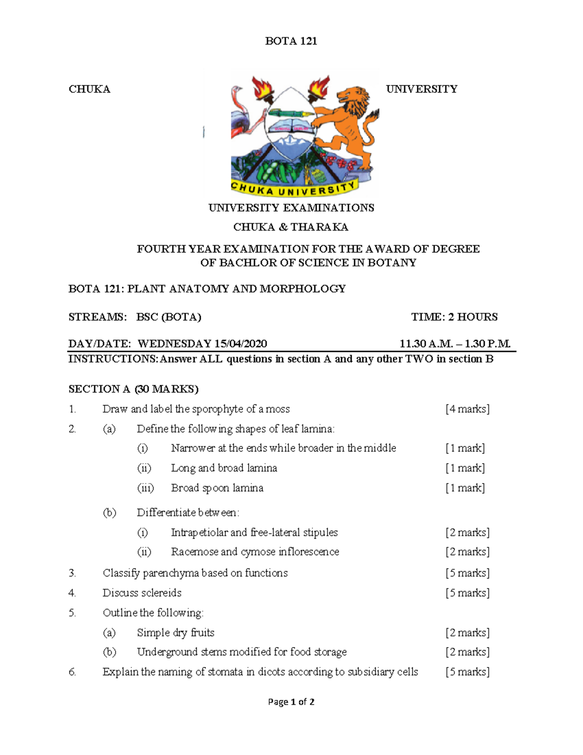 BOTA 121: Final Exam Paper on Plant Anatomy and Morphology - Studocu