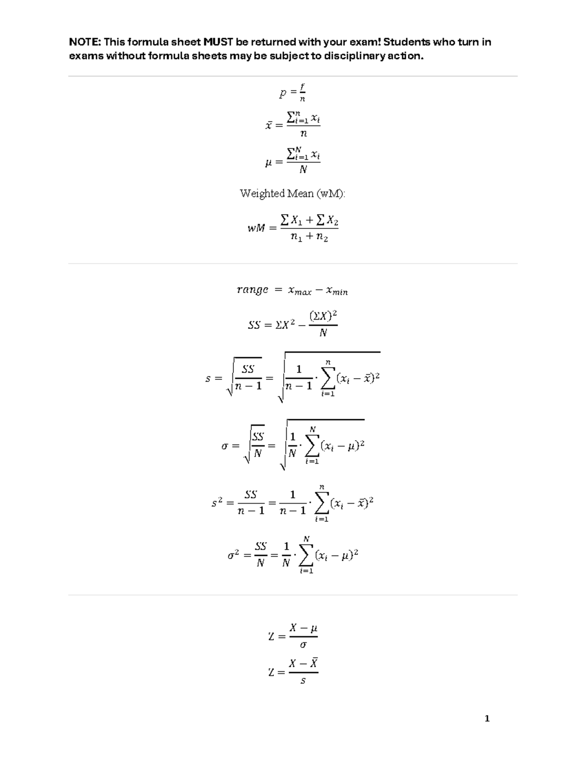 Formula Sheet for Final Exam PSYC204 F19 H1 - Studocu
