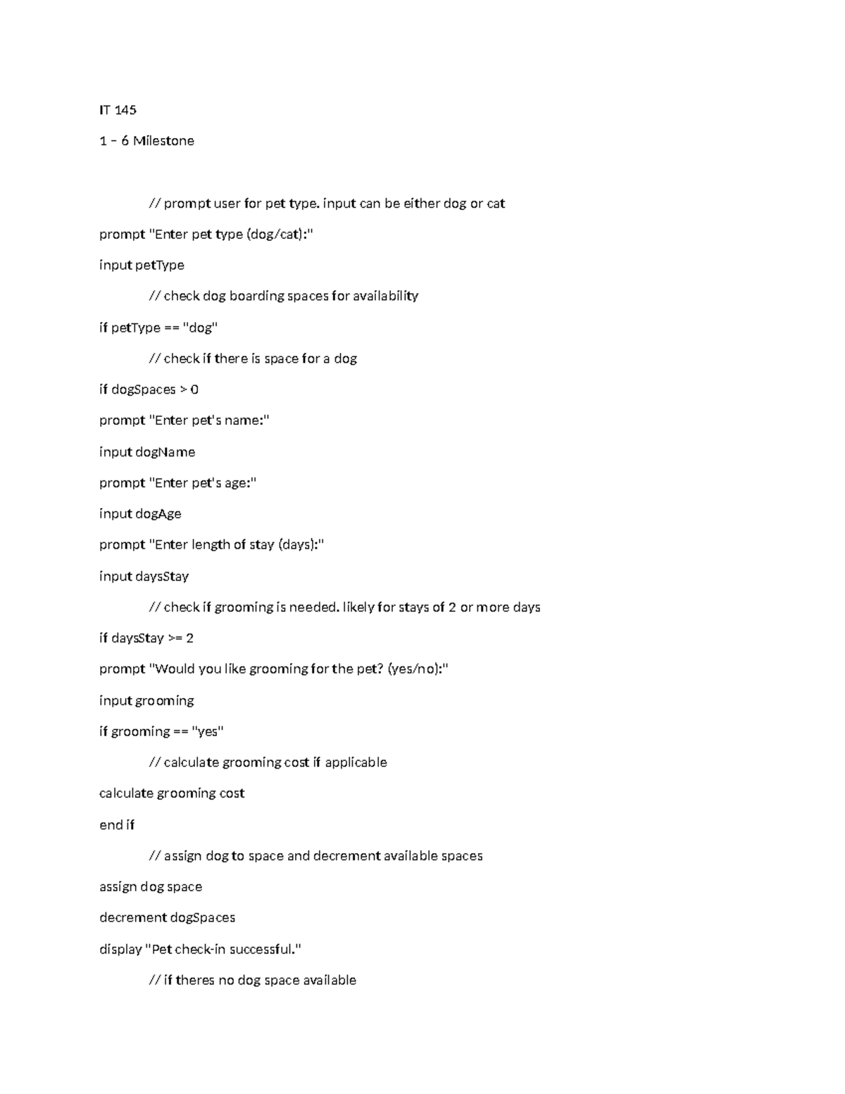 IT 145 Module 1: Pet Boarding Check-in System Code - Studocu