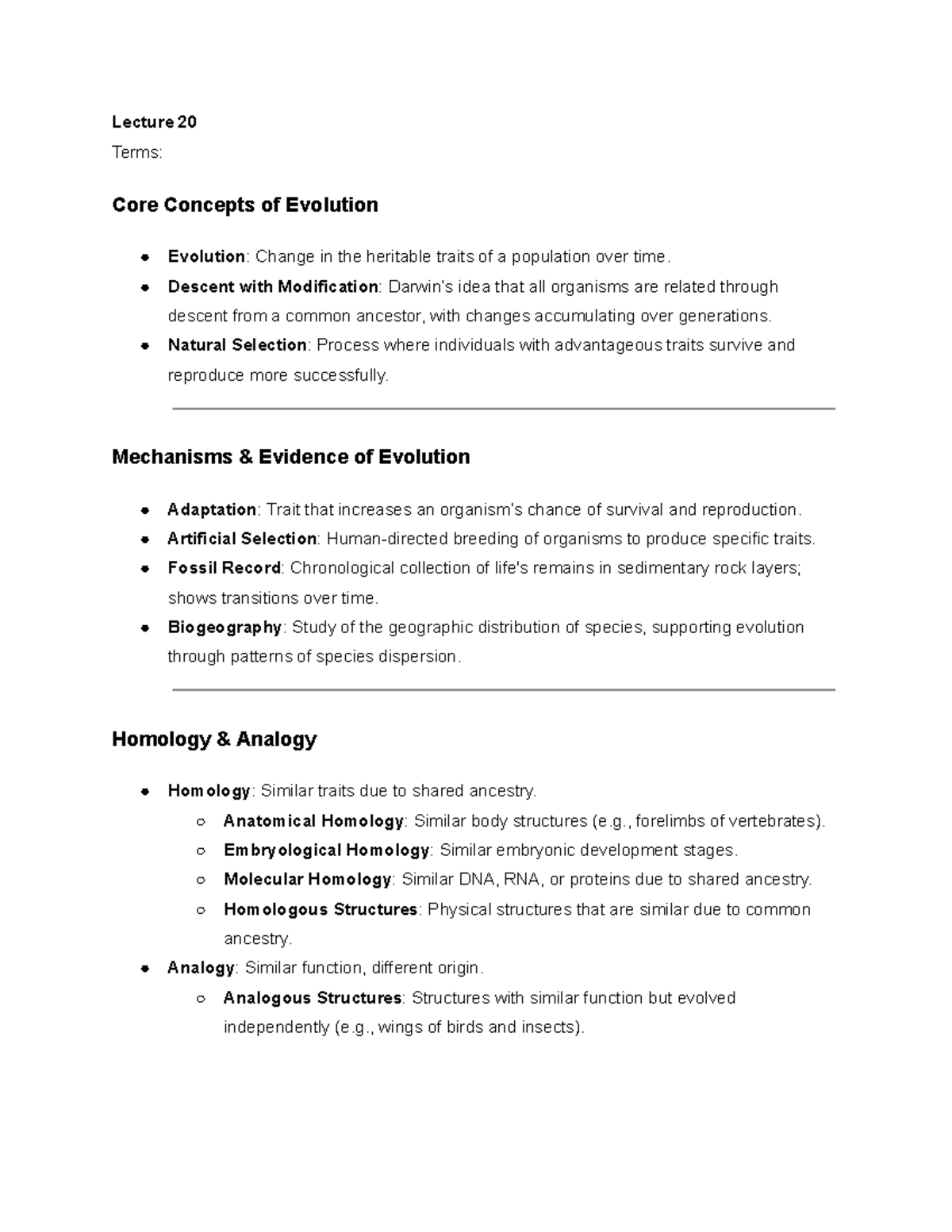 Biology 1009 Midterm Exam Notes: Key Concepts of Evolutionary ...