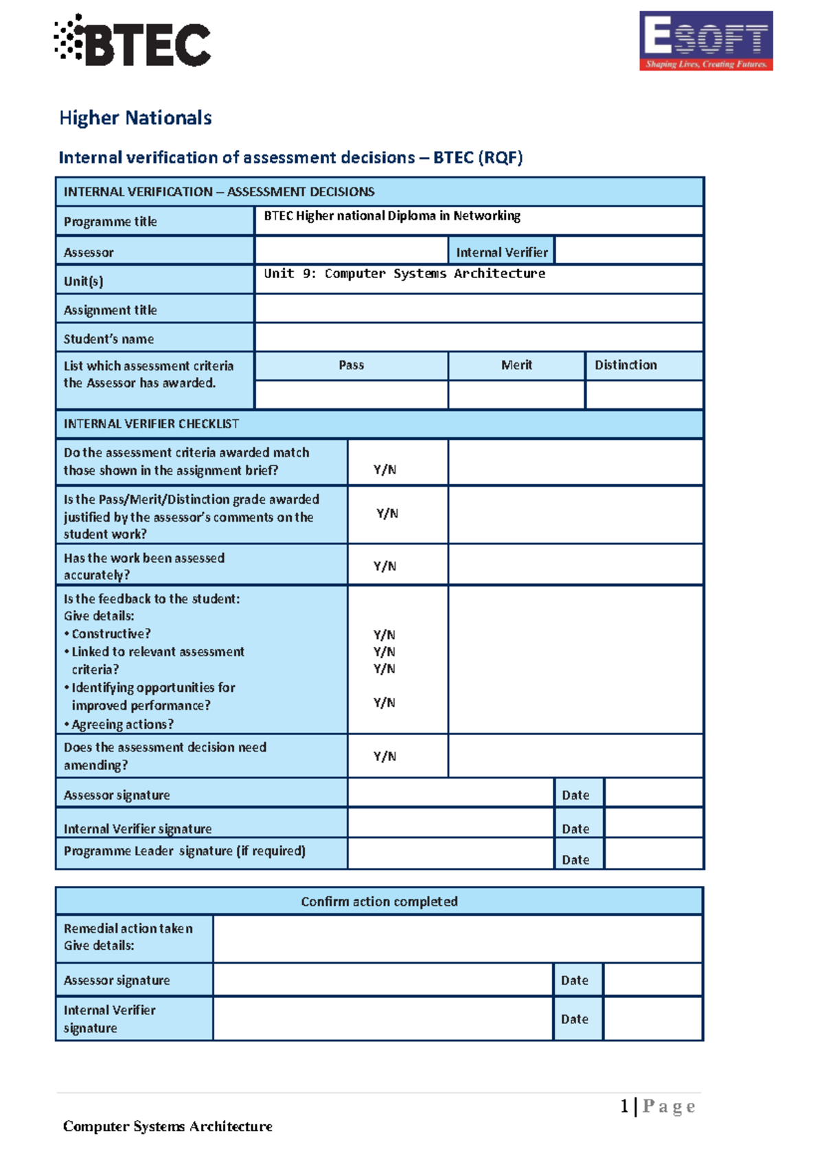 BTEC HND Unit 09: Internal Verification for Computer Systems Architecture - Studocu