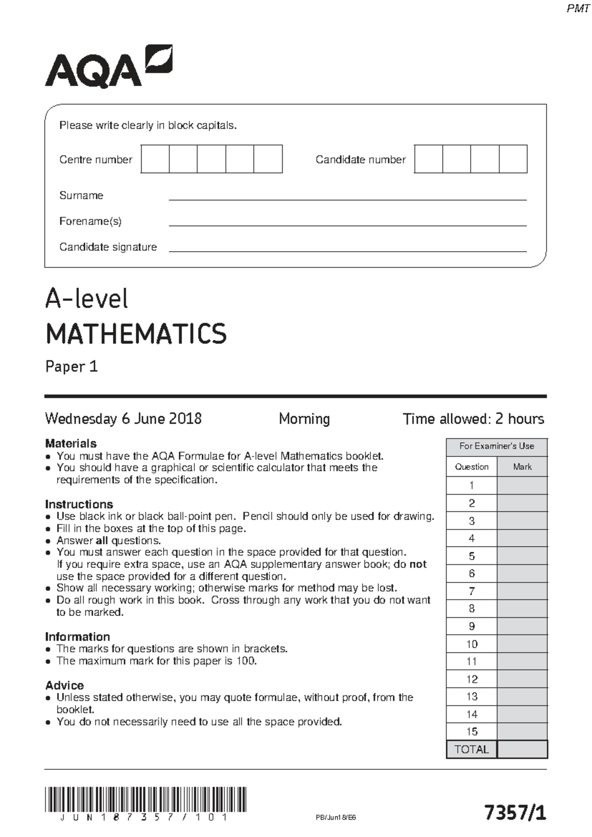 Mathematics Paper 1 (QP) - June 2018 Exam Questions - Studocu