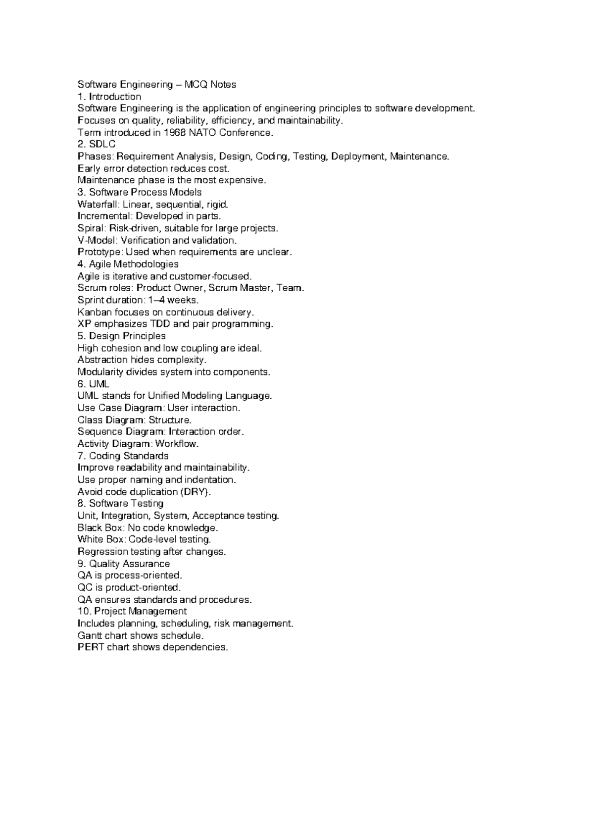 Software Engineering MCQ Notes: Key Concepts & Principles - Studocu