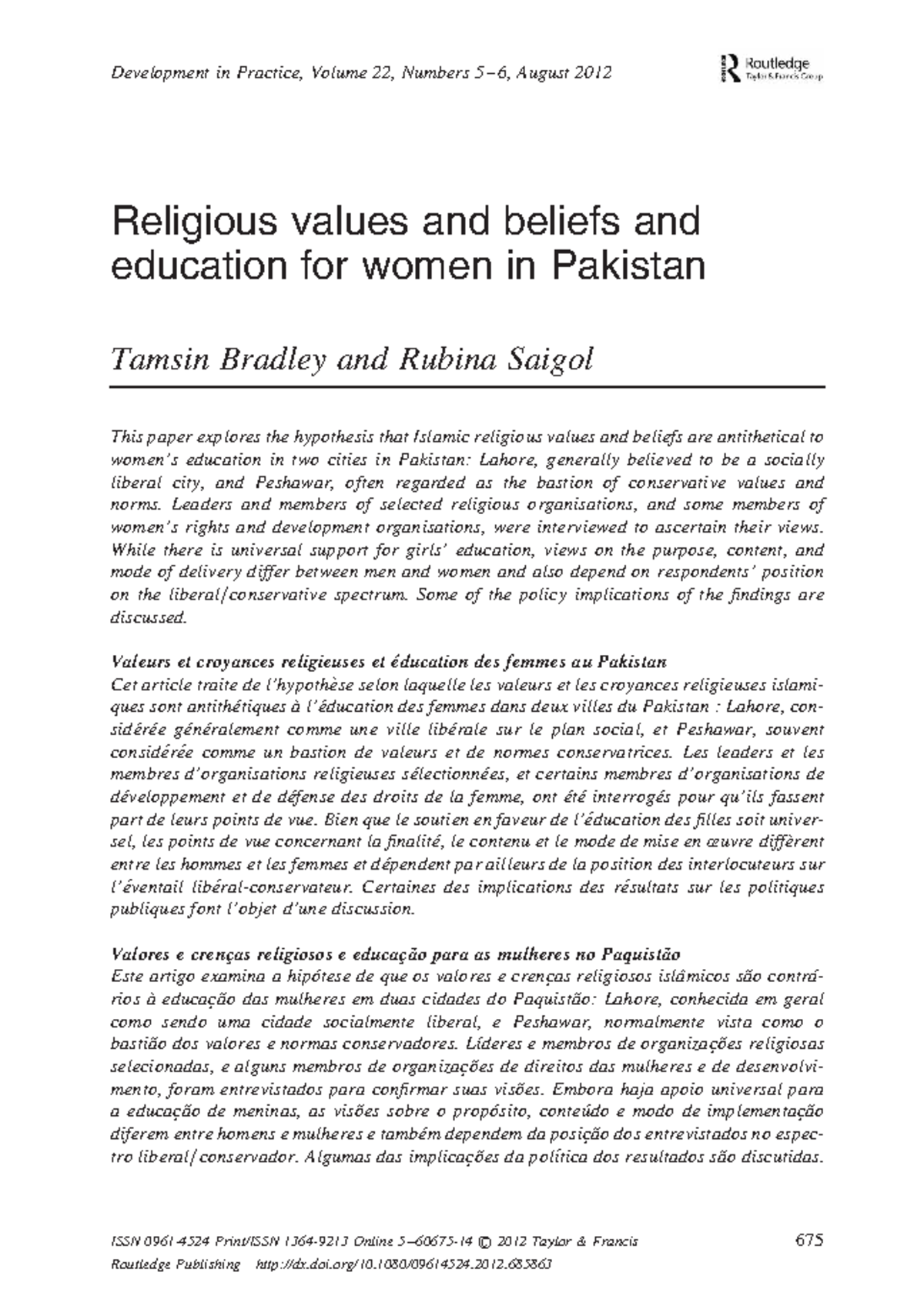 Religious Values & Women's Education in Pakistan: A Comparative Study ...