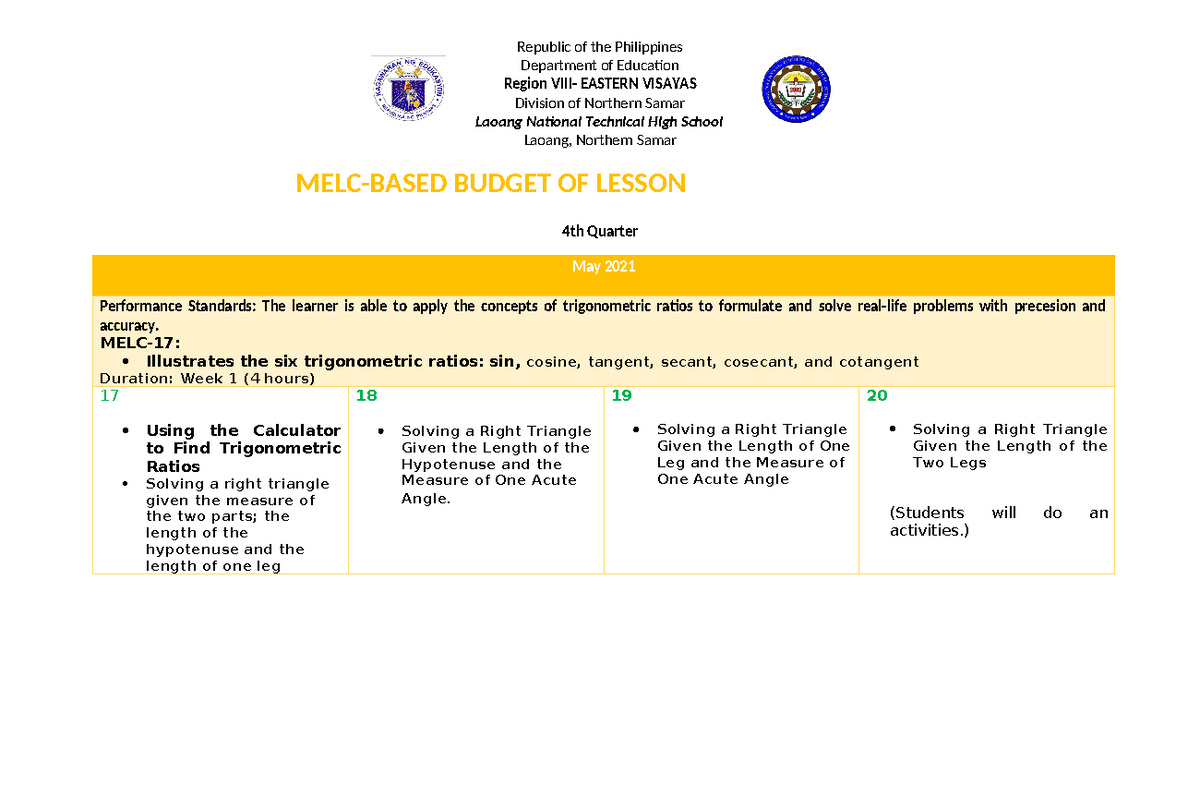 Bol 4th quarter math 9 - mathematics - MELC-BASED BUDGET OF LESSON PLAN ...